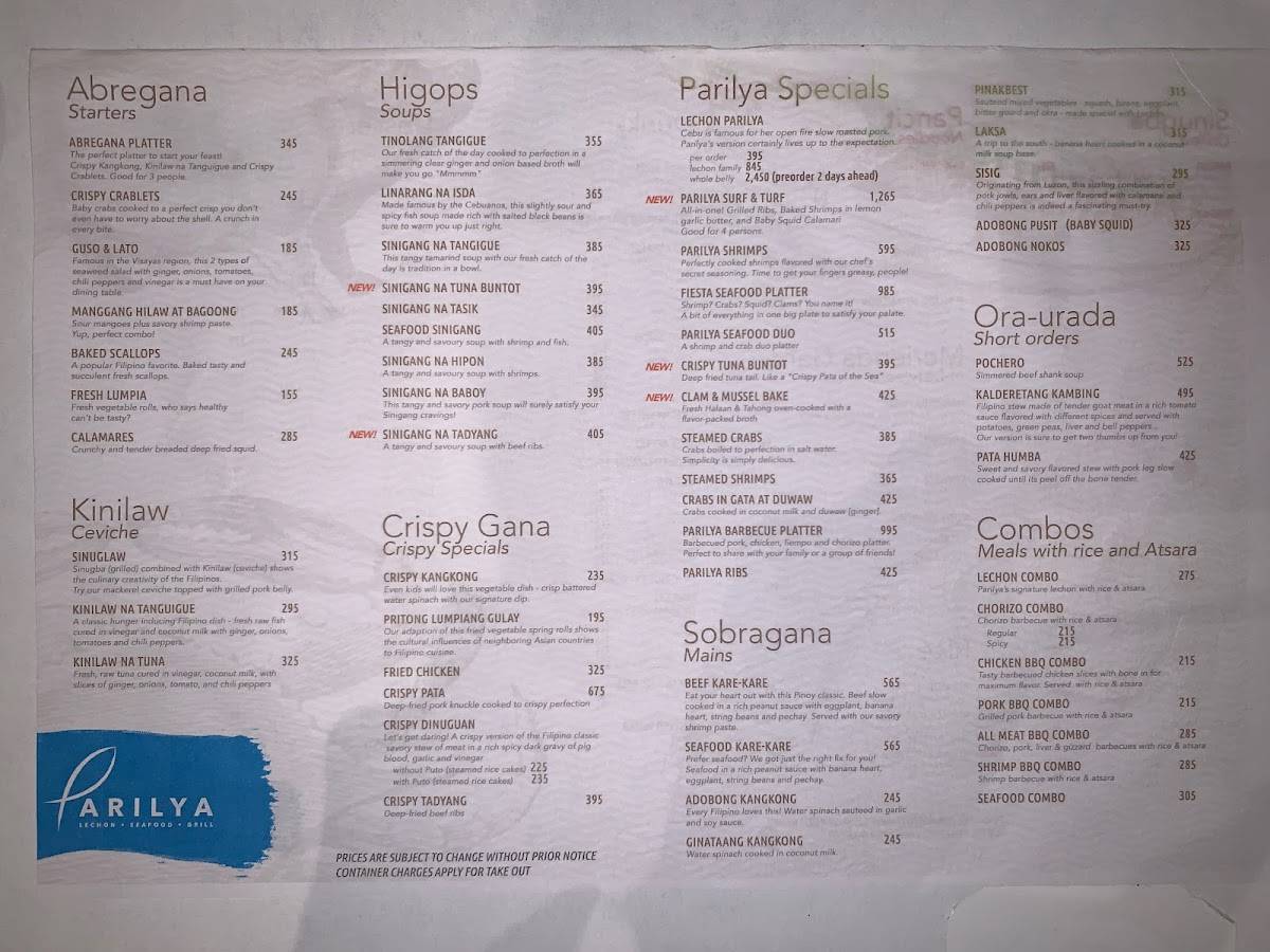 Menu at Parilya restaurant, Cebu City, City di Mare Visitor Center