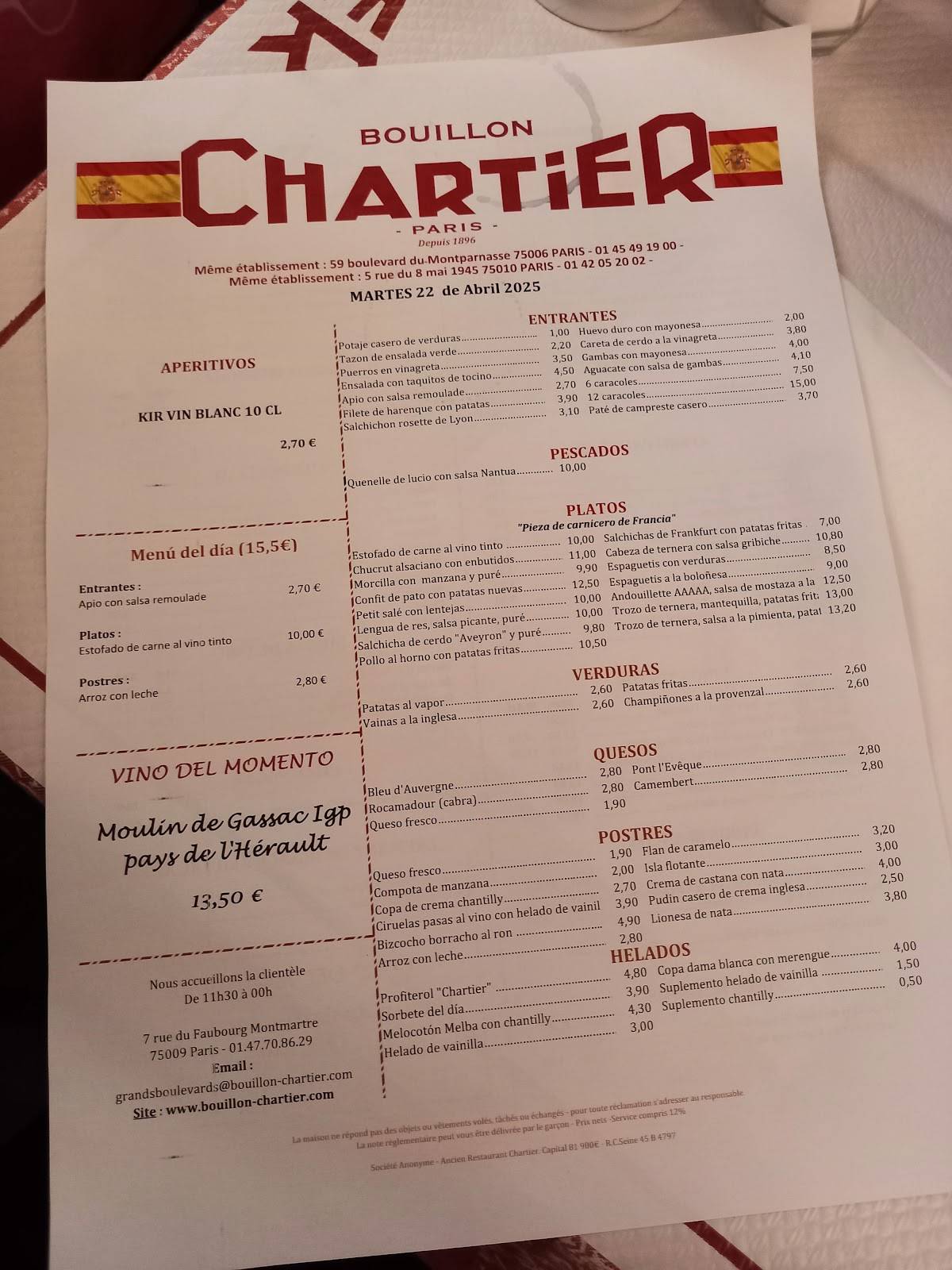 Menu au Bouillon Chartier Grands Boulevards restaurant, Paris, 7 Rue du ...