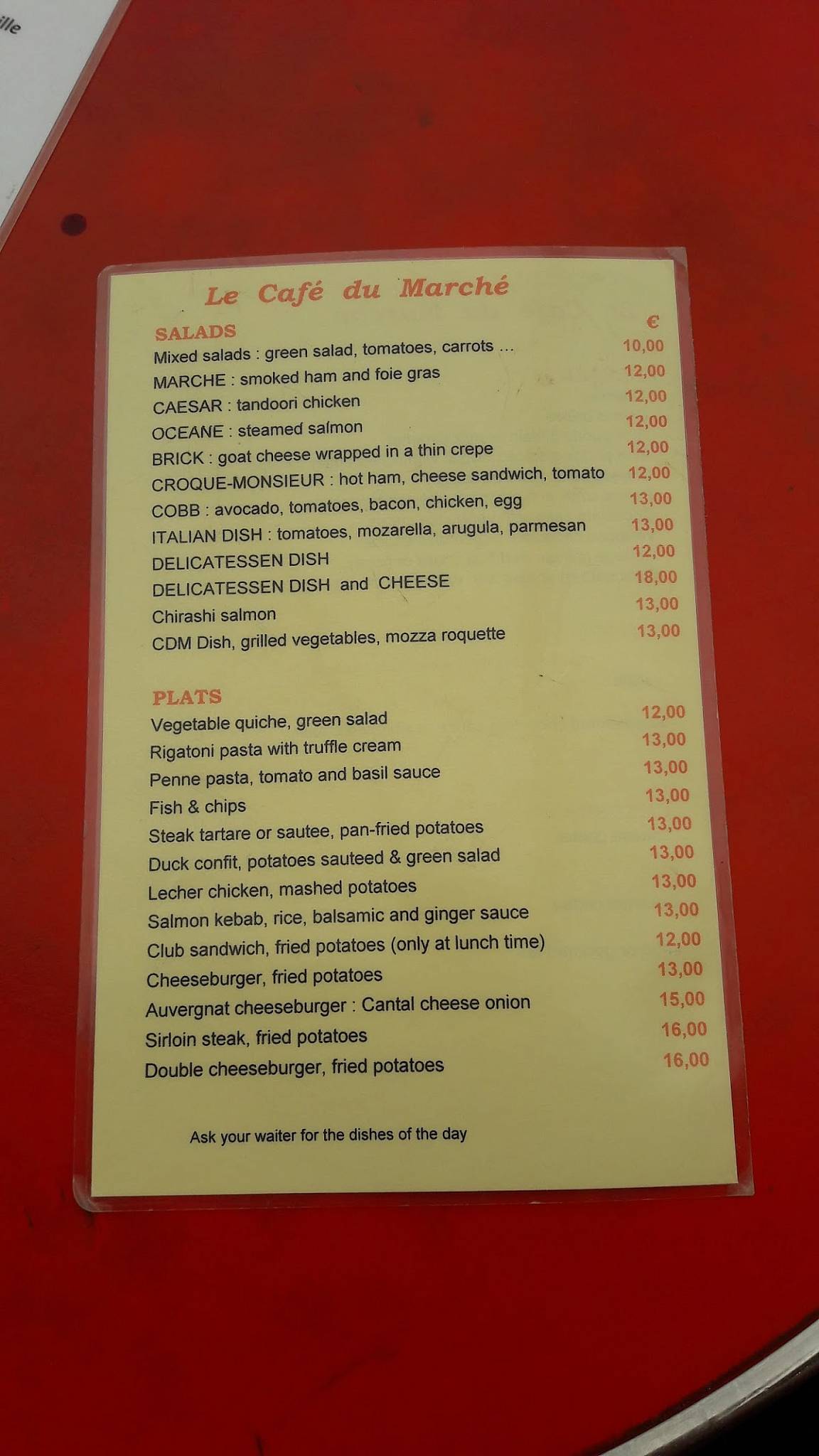 Menu at Café Du Marché, Paris, 38 Rue Cler