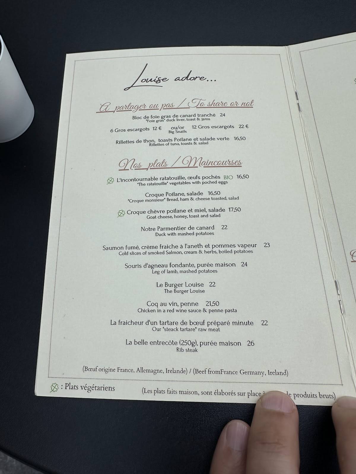 Menu at Louise Café, Paris, 8 Rue Croix des Petits Champs