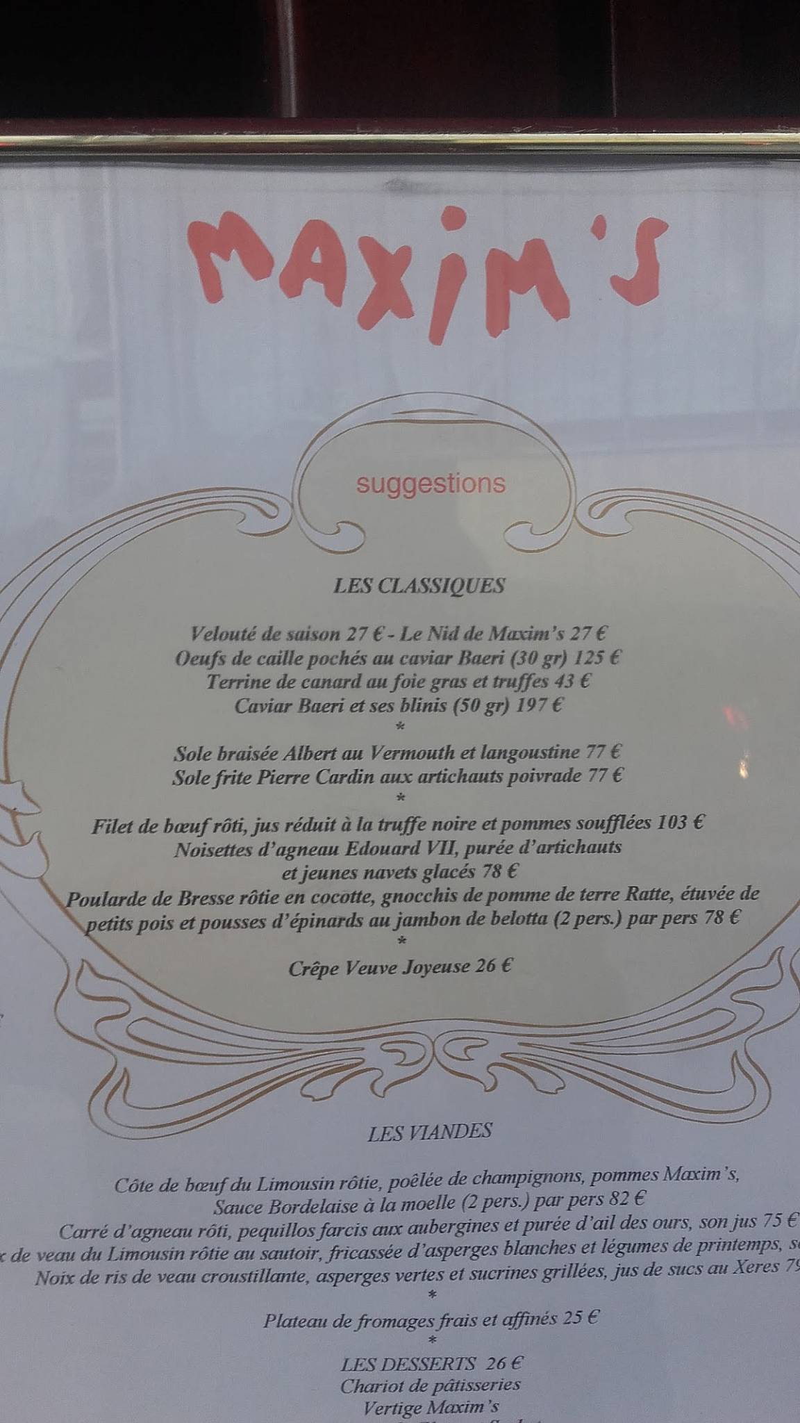 Menu at Maxim's de Paris restaurant, Paris, 3 Royale Street