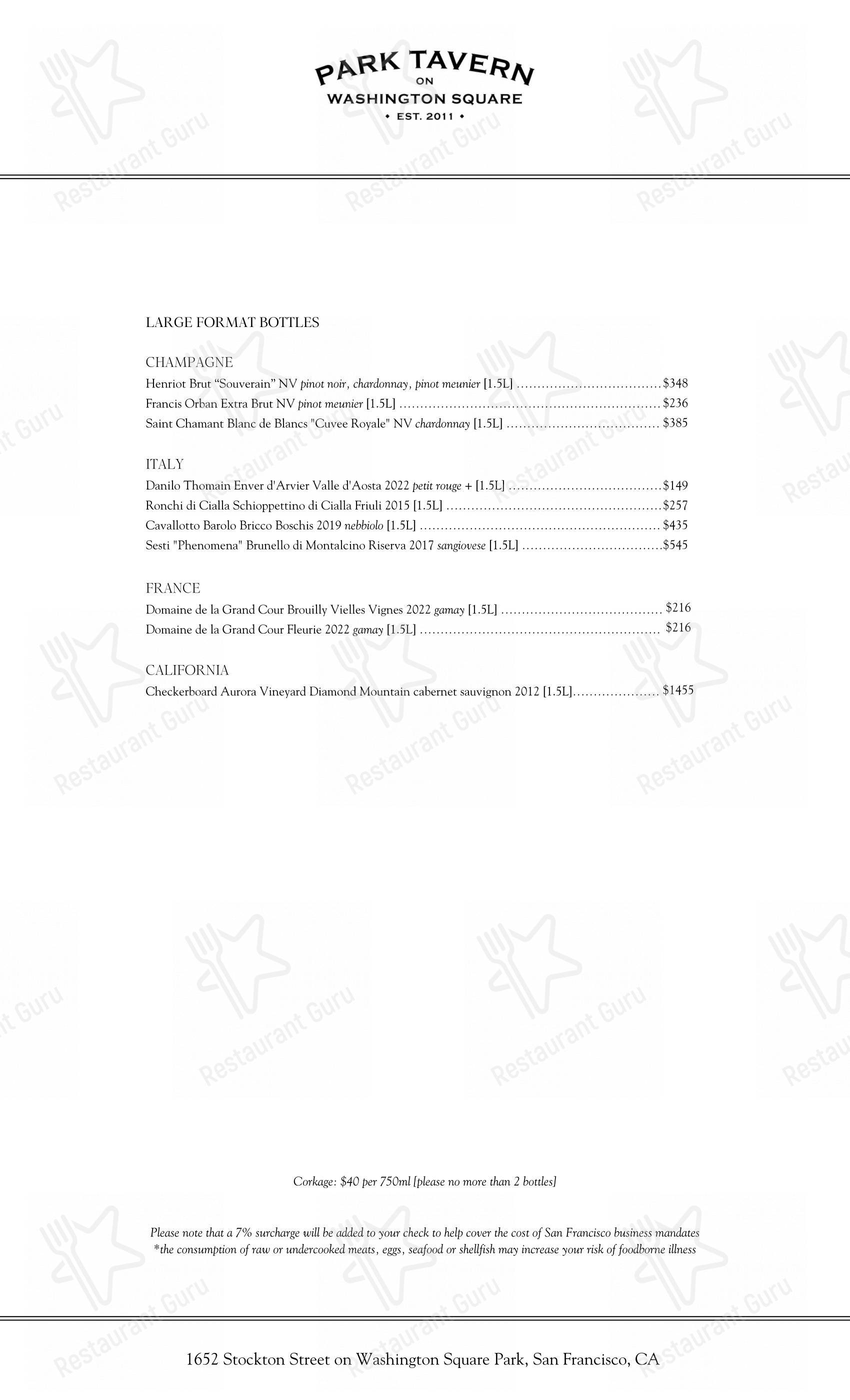 Menu at Park Tavern pub & bar, San Francisco