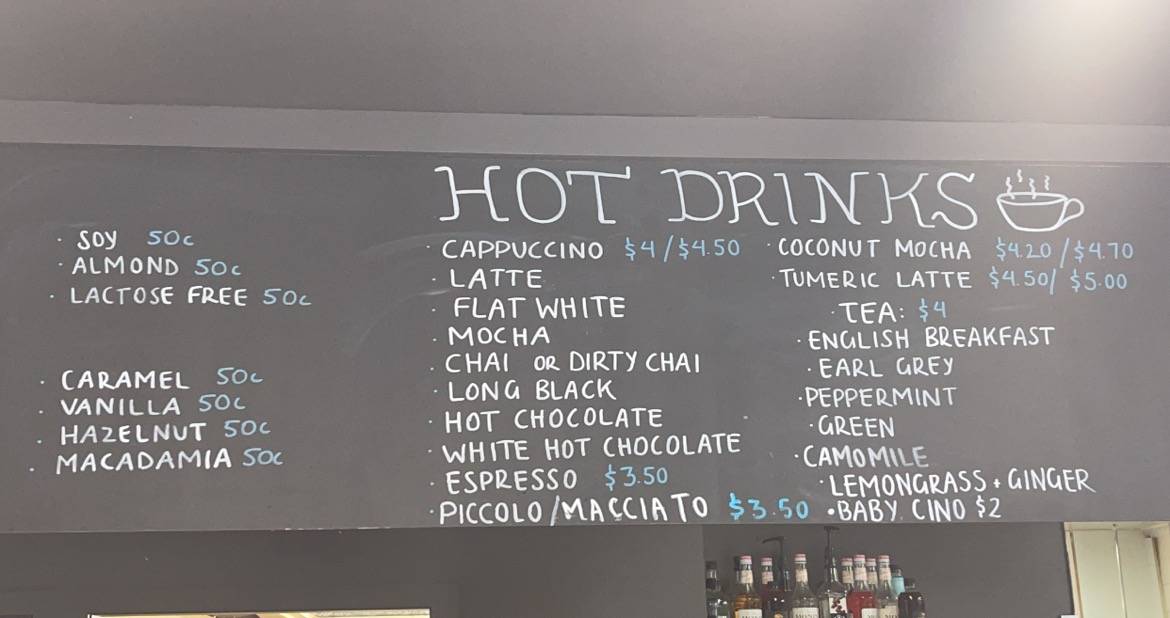 Menu at Deja Brew cafe, Parkes