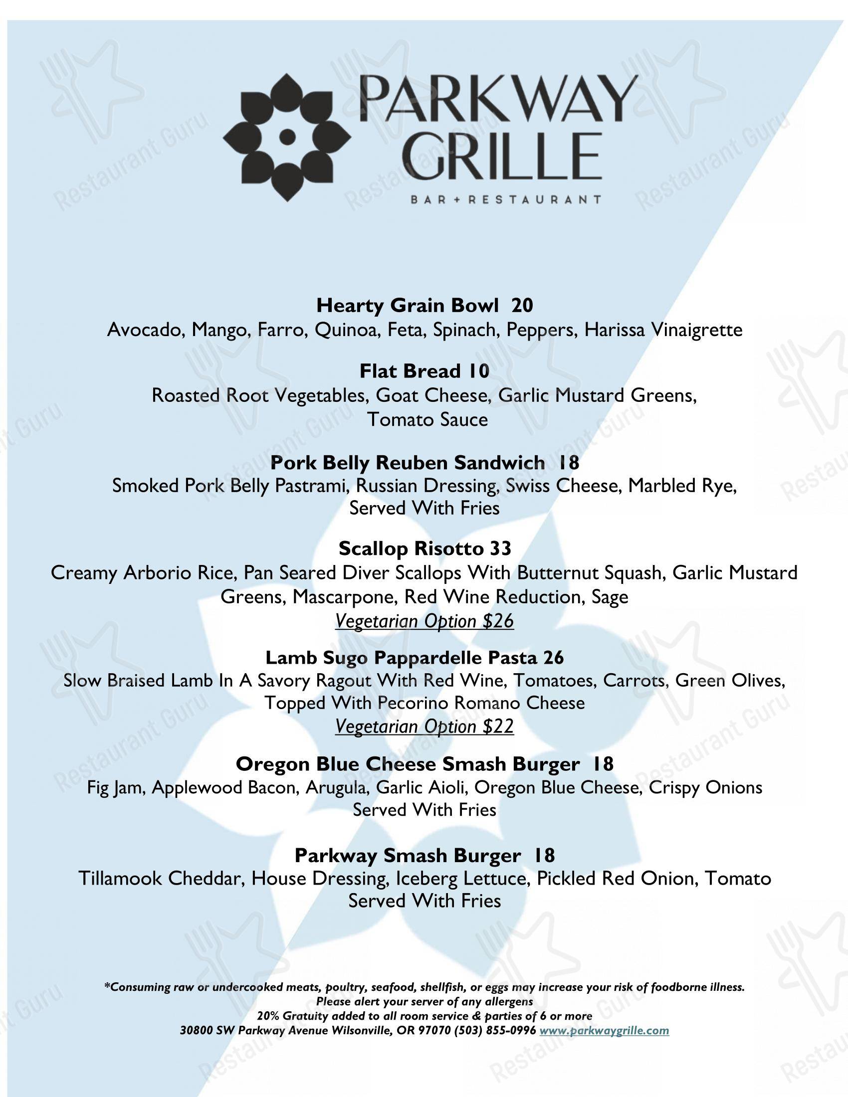 Menu at Parkway Grille restaurant, Wilsonville