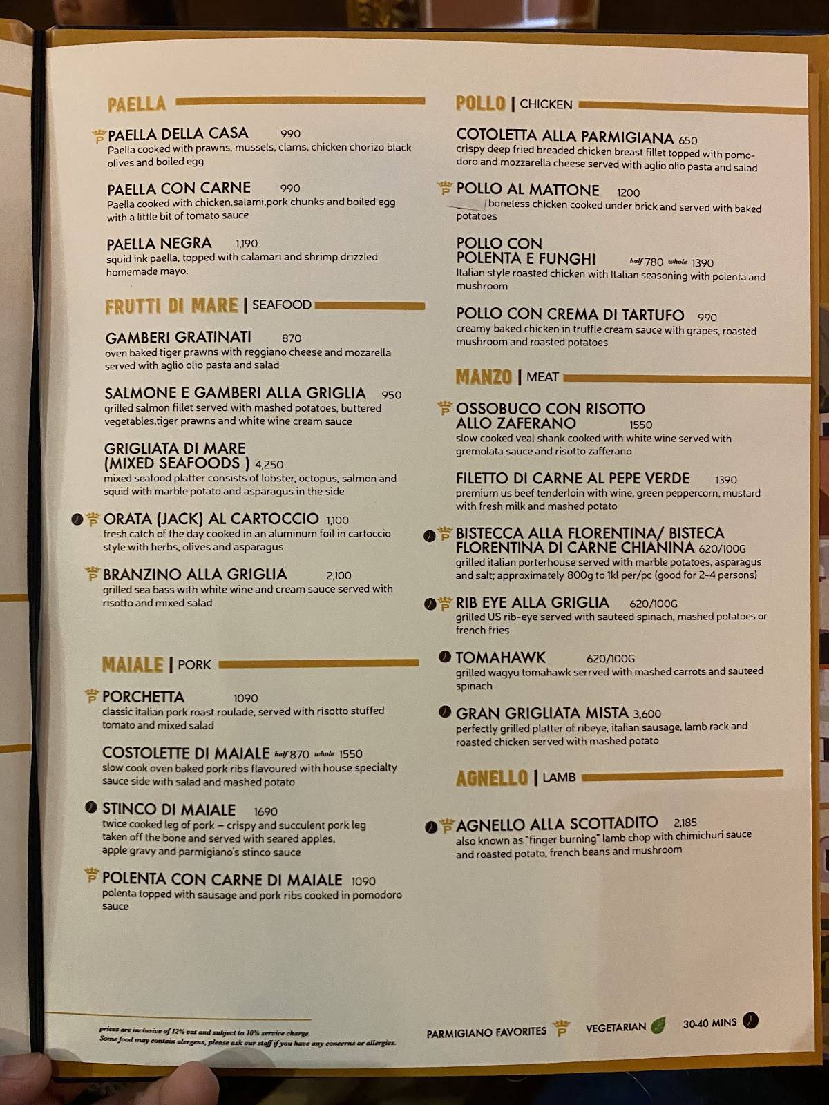 Menu at Parmigiano restaurant, Pasay