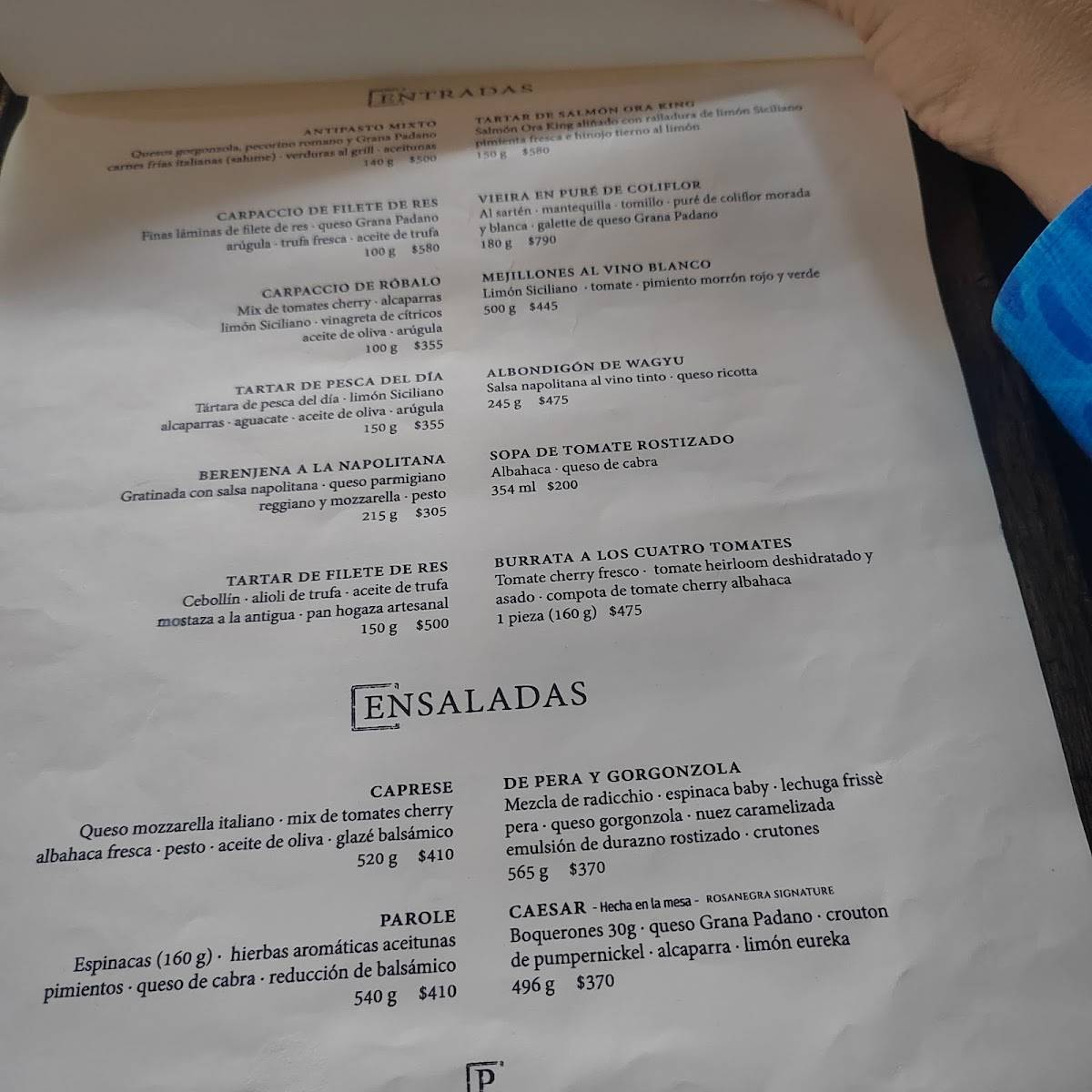 Carta de Parole Polanco | Restaurante Italiano, Ciudad López Mateos