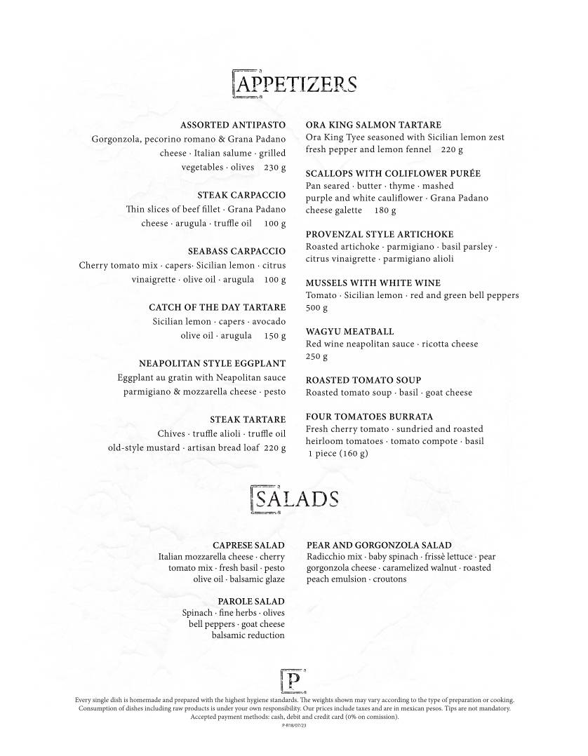 Carta de Parole Polanco | Restaurante Italiano, Ciudad López Mateos