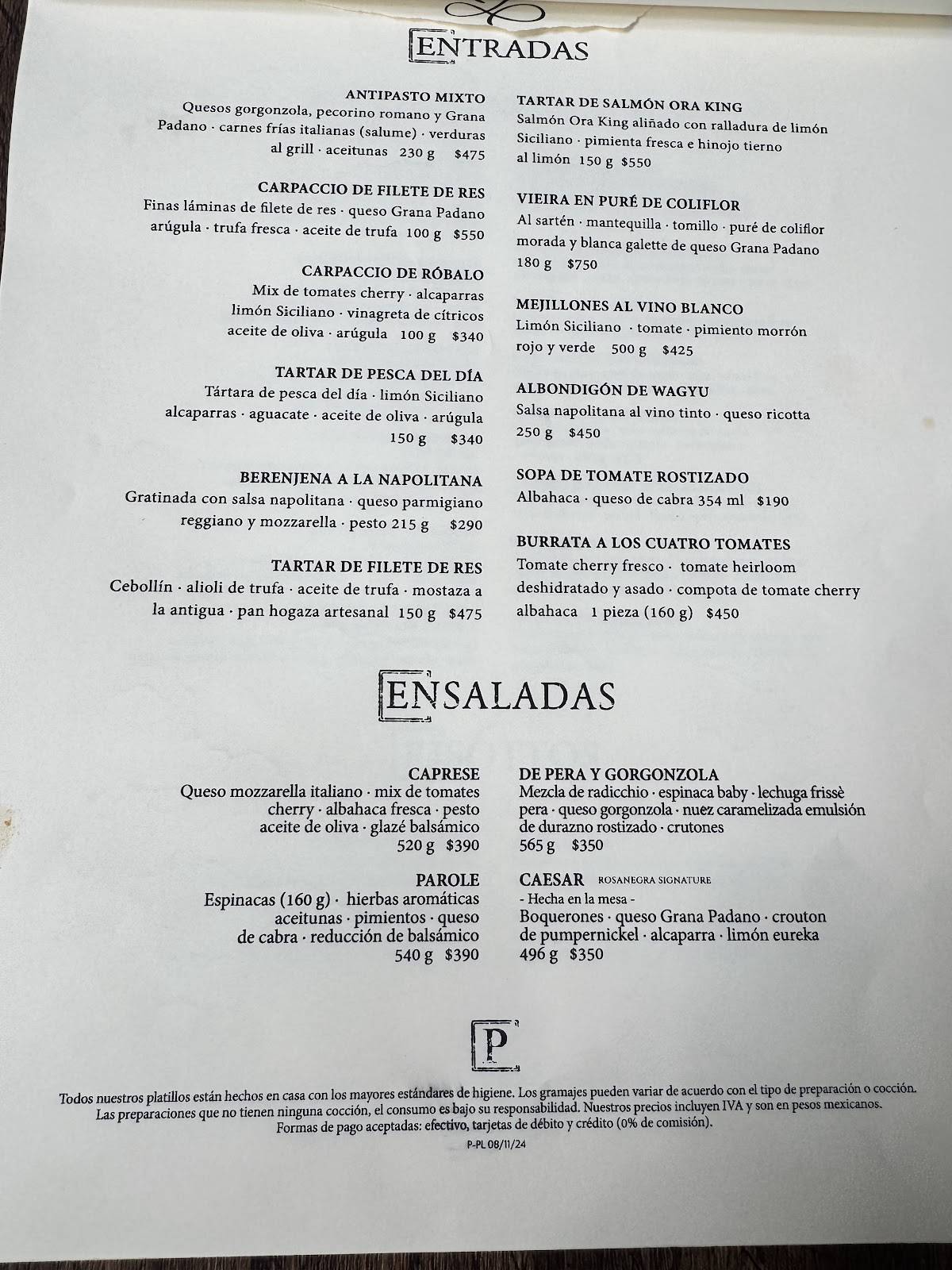 Menu at Parole restaurant, Ciudad López Mateos