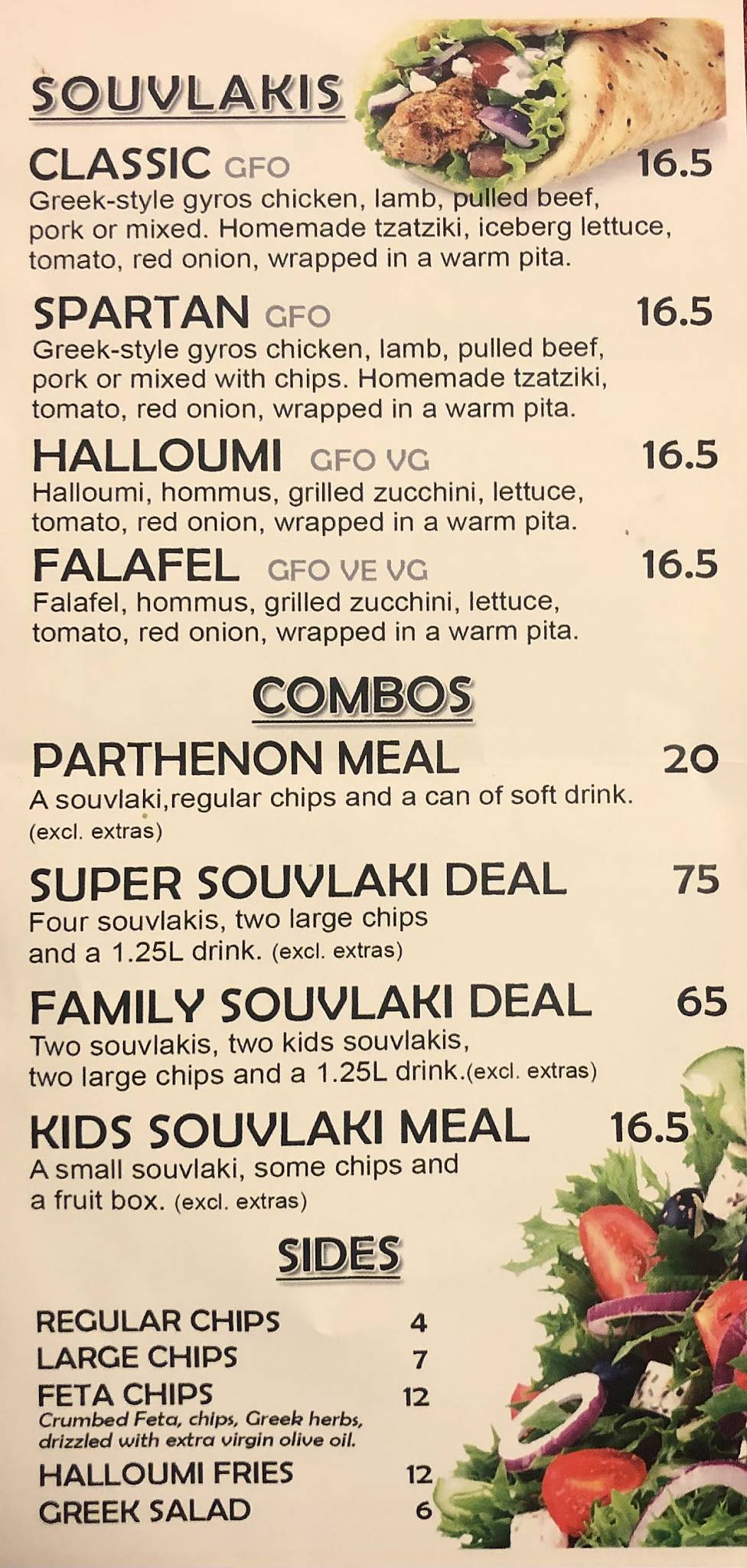 Menu at Parthenon Souvlaki Bar, Moonah