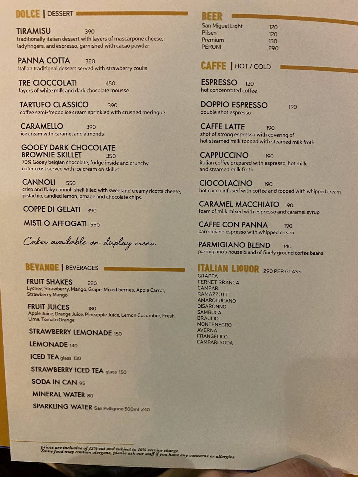 Menu at Parmigiano restaurant, Pasay