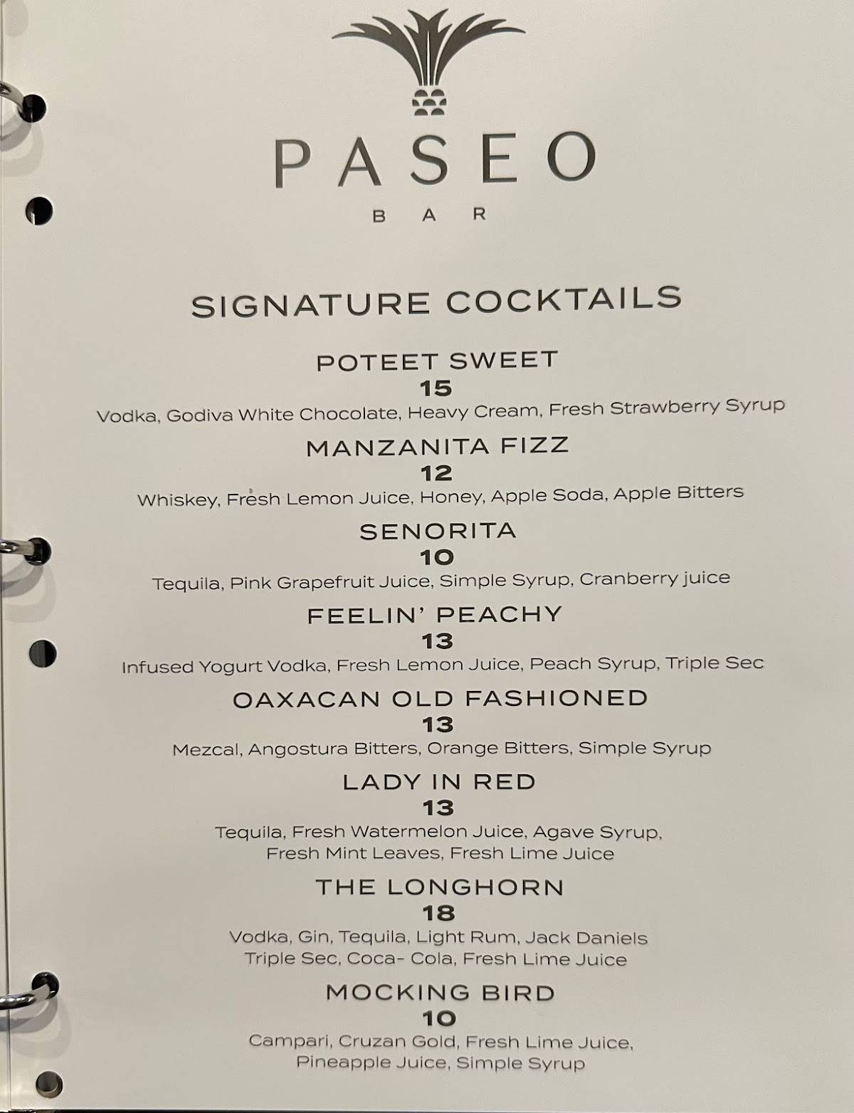 Menu at Paseo pub & bar, San Antonio