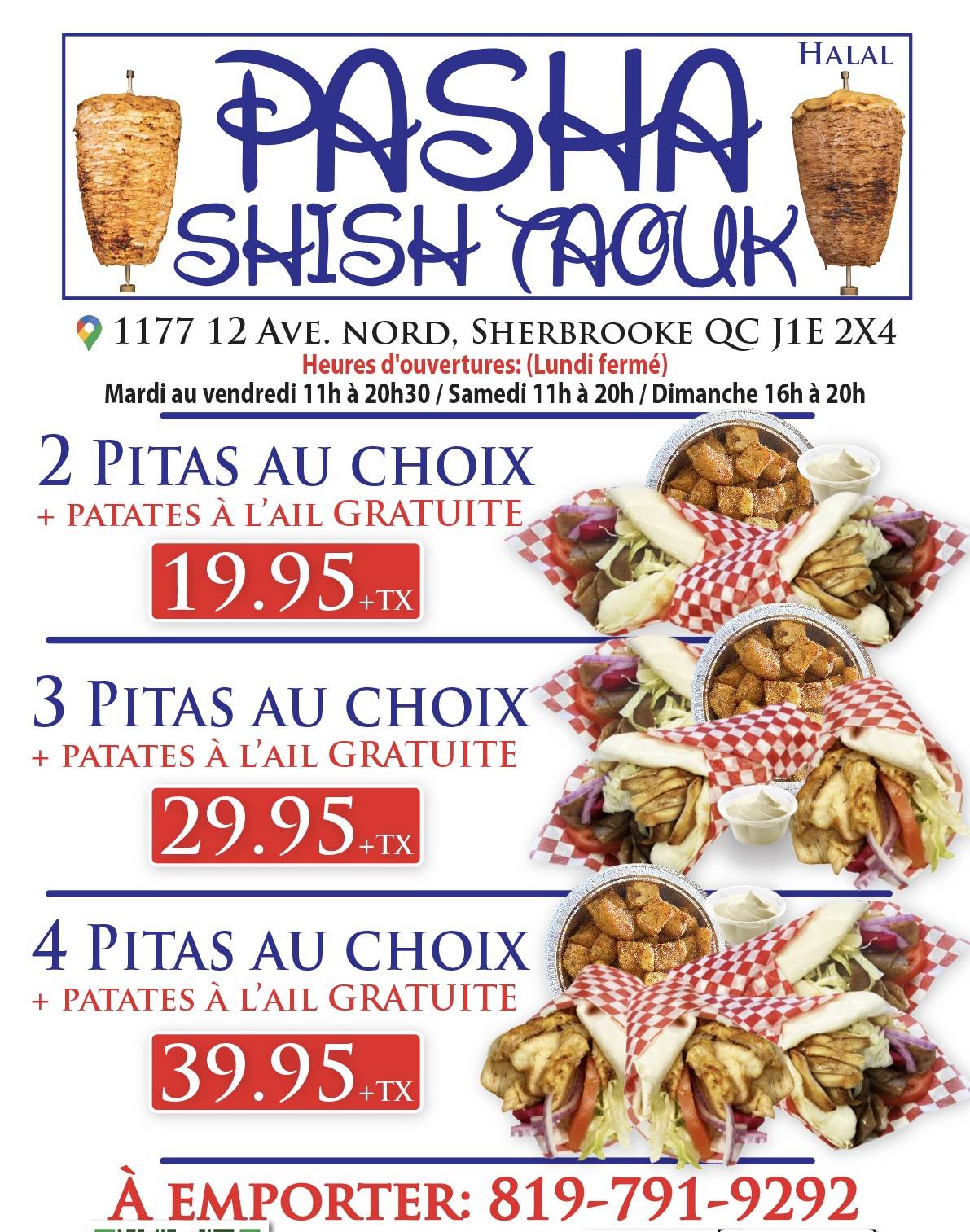 Menu au Pasha Shish Taouk restaurant, Sherbrooke