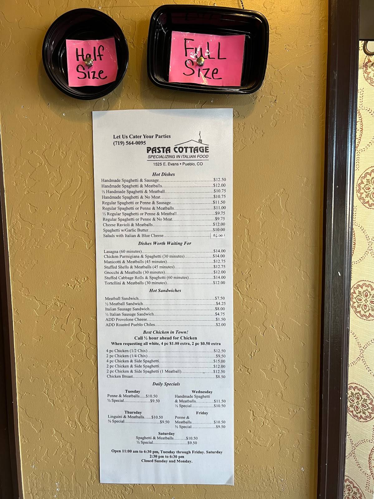 Menu at Pasta Cottage restaurant, Pueblo