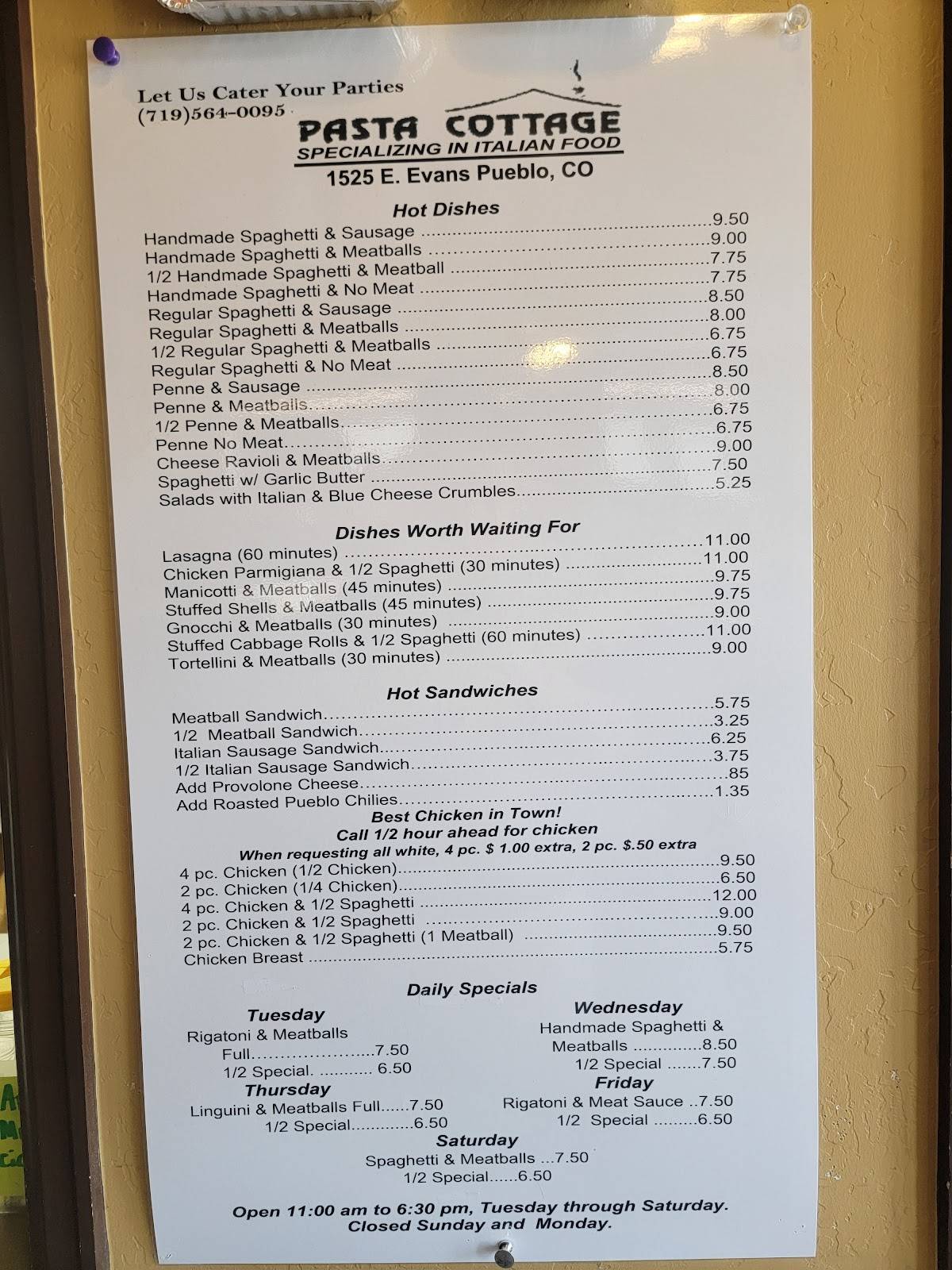 Menu at Pasta Cottage restaurant, Pueblo