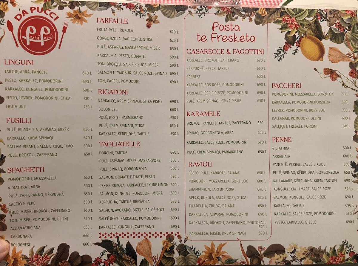 Menu at Pasta Da Pucci restaurant, Tirana