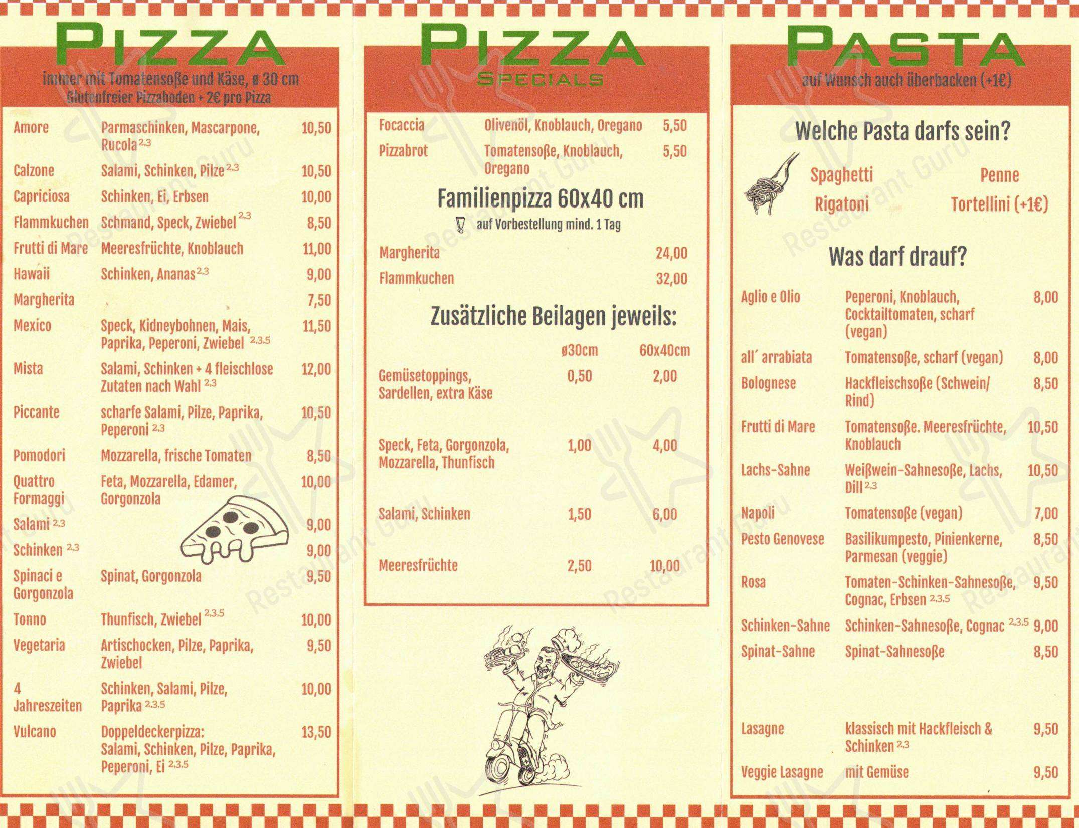 Menu at Pasta Pronto Sontheim pizzeria, Germany