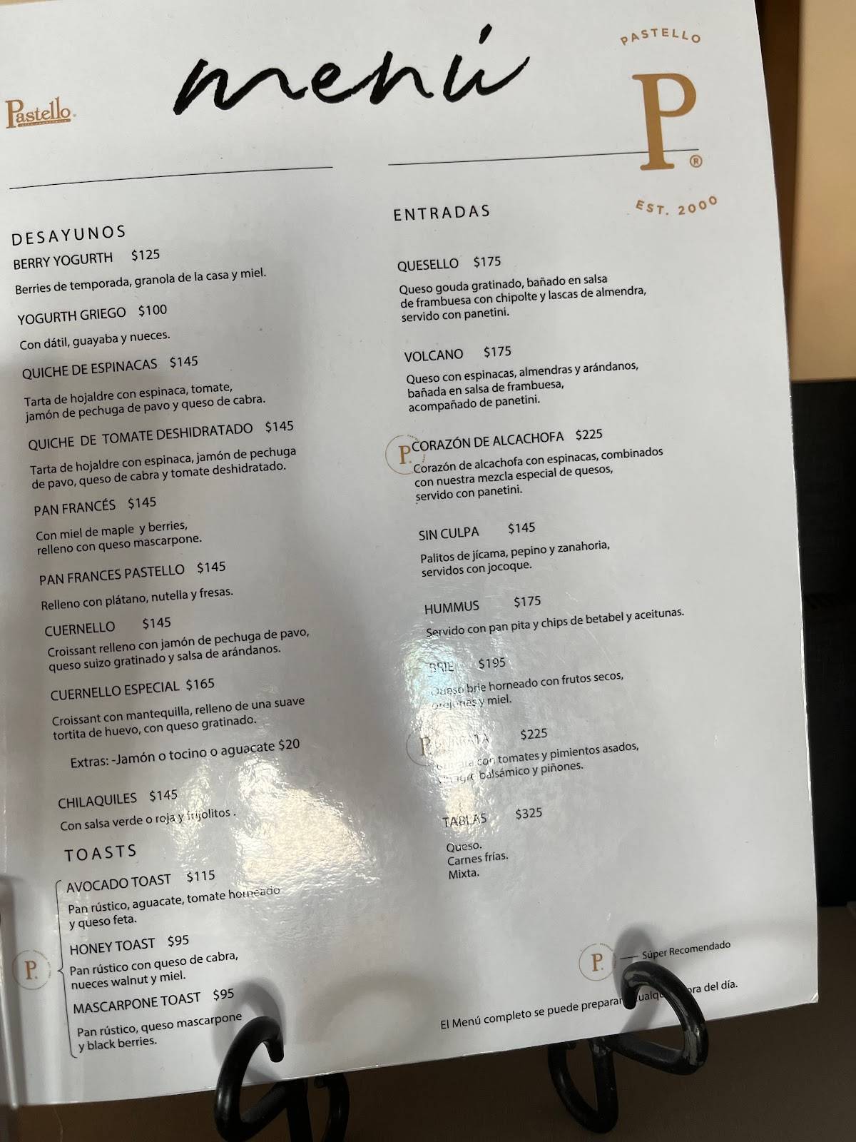 Carta del restaurante Pastello Gómez Farias, Hermosillo