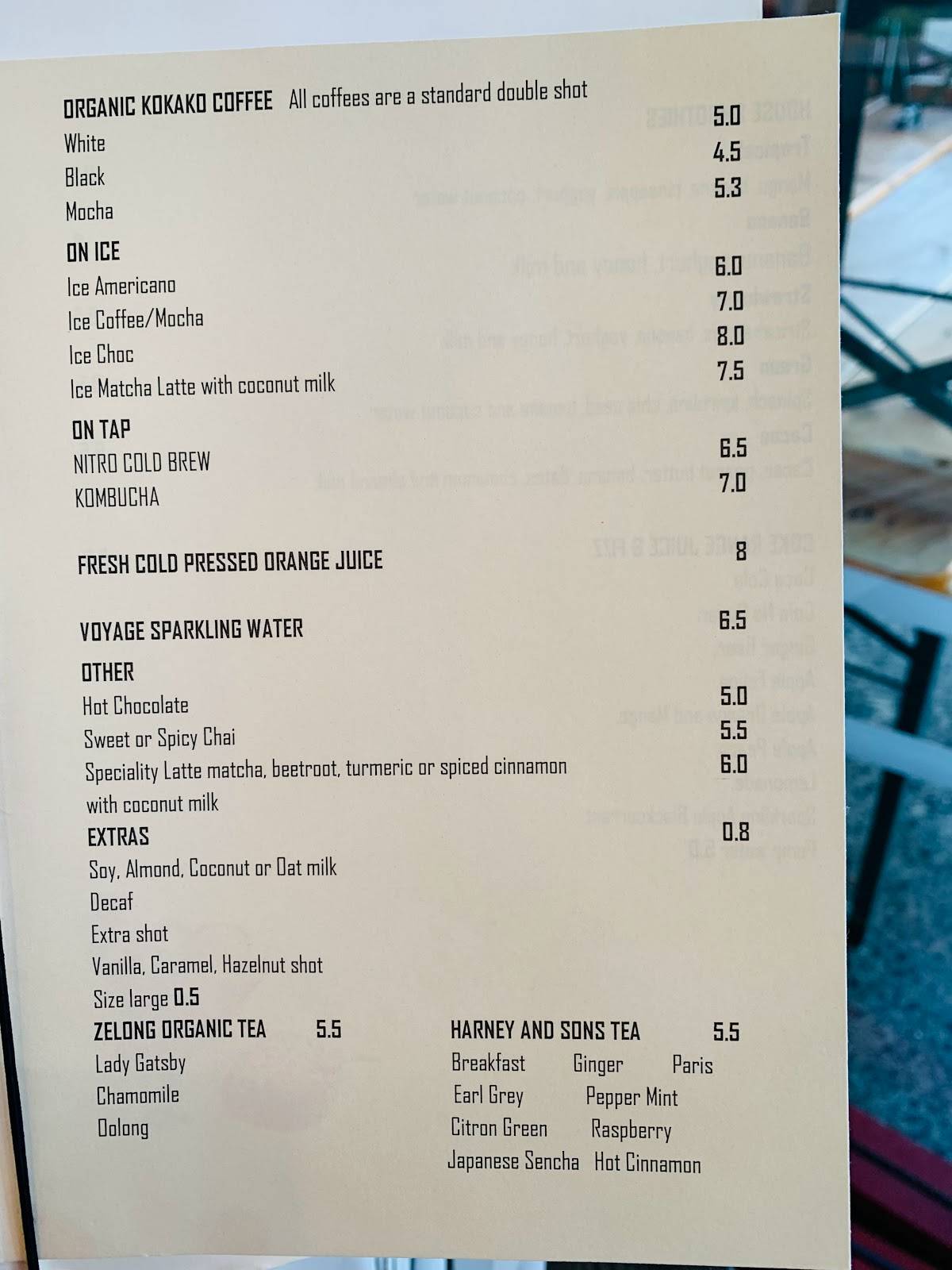 Menu at Patch Cafe, Auckland