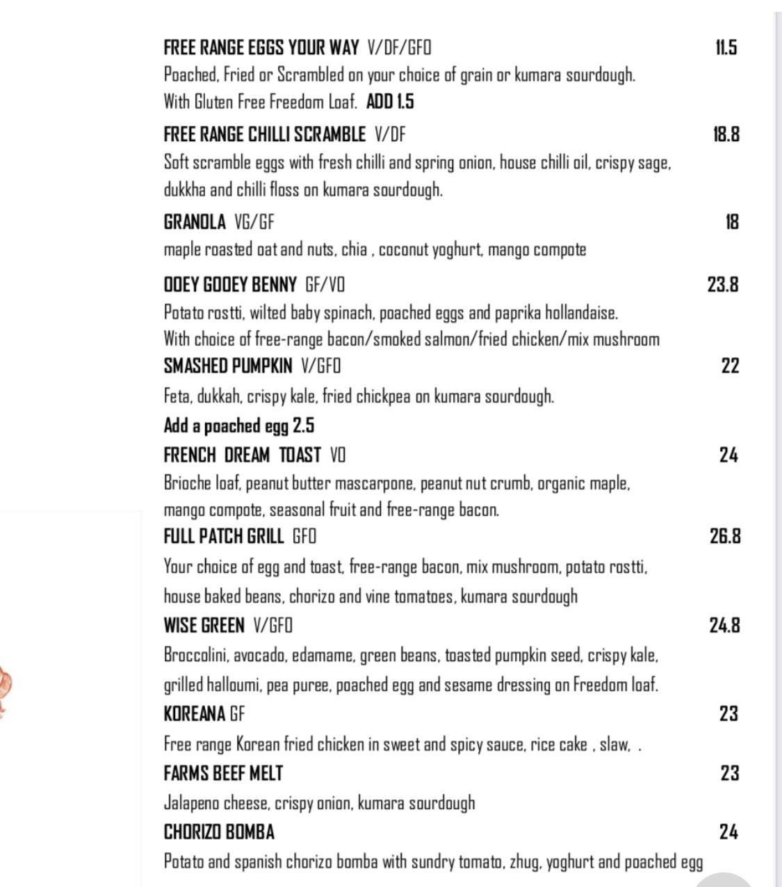 Menu at Patch Cafe, Auckland