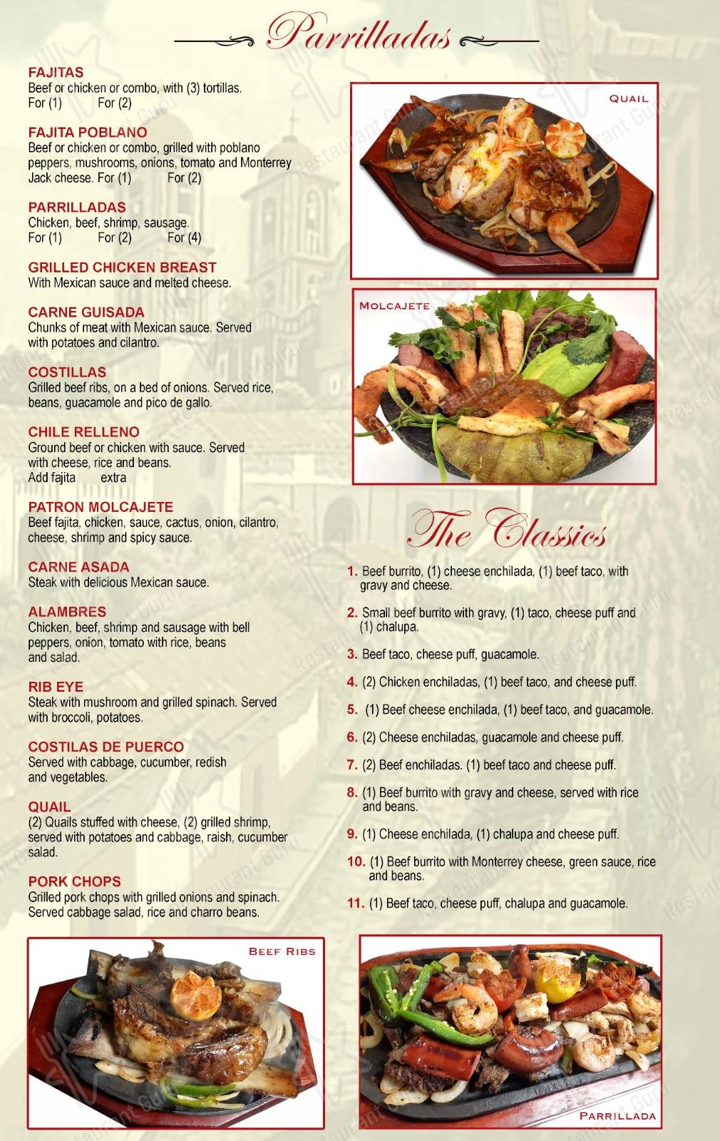 Menu at Patron restaurant, Alvin