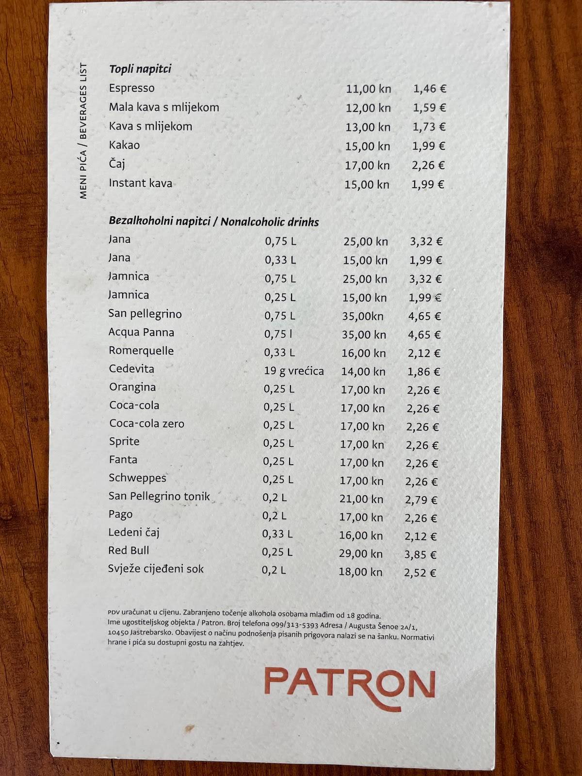 Menu at Patron Restoran & Bar, Jastrebarsko