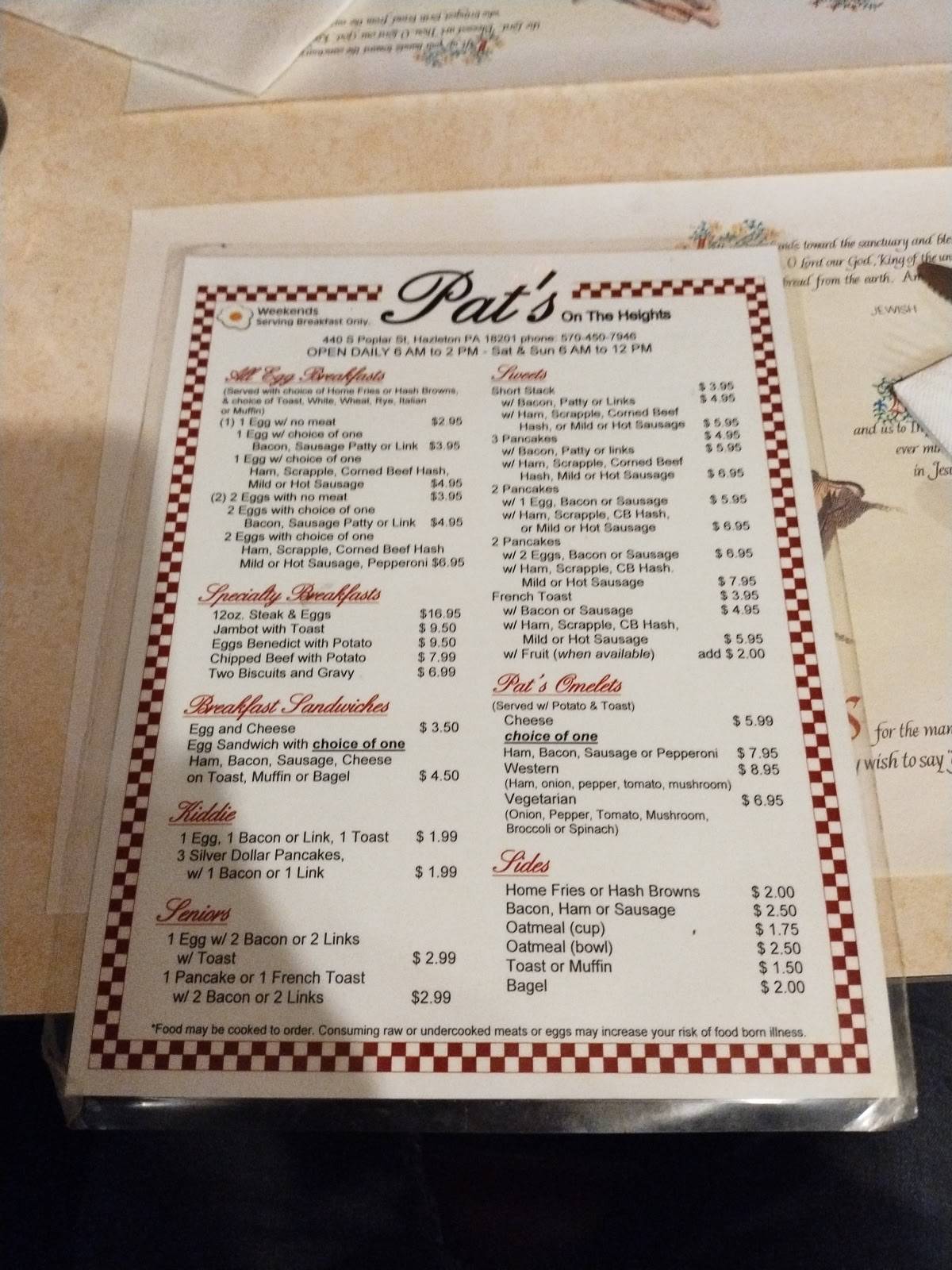 Menu at Pat's On the Heights restaurant, Hazleton