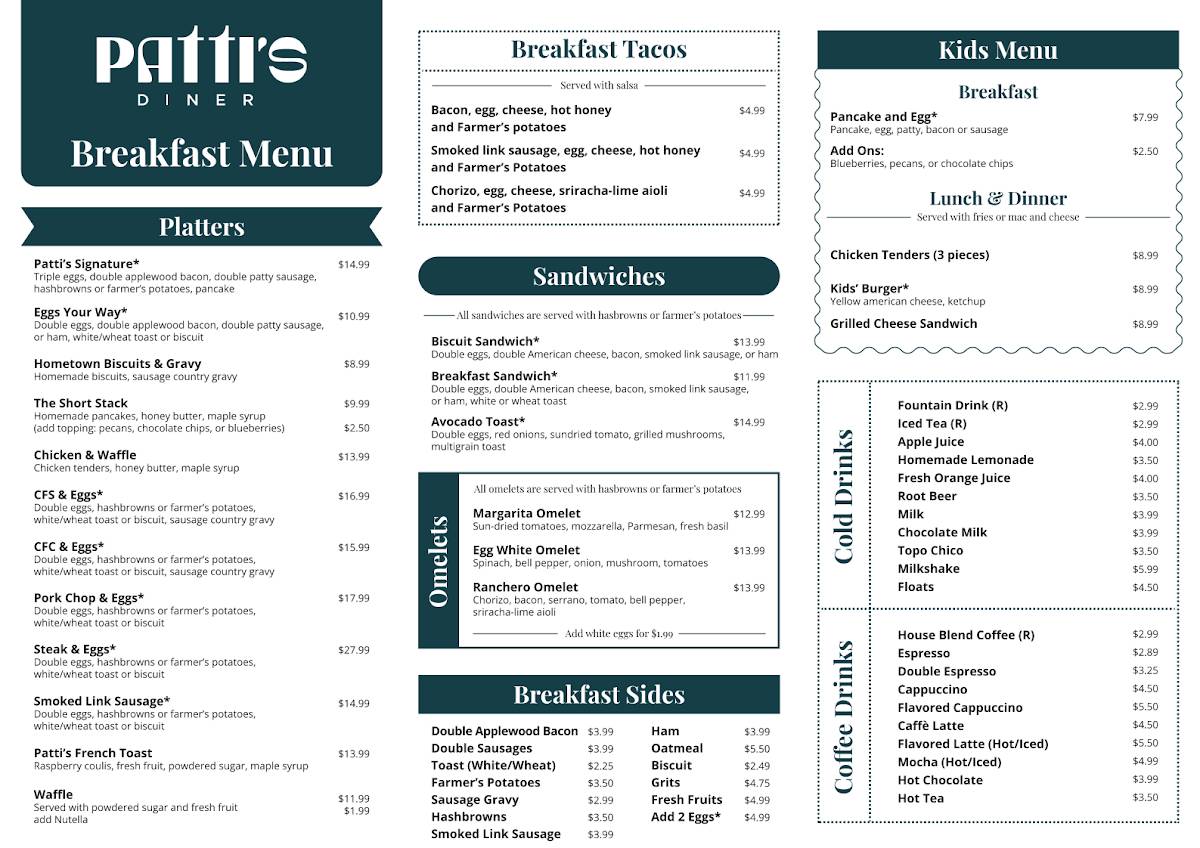 Menu at Patti’s diner restaurant, Pattison