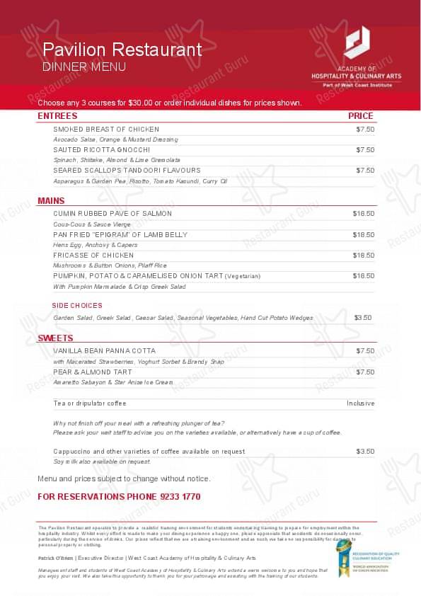 Menu at Pavilion Restaurant (at North Metropolitan TAFE), Joondalup