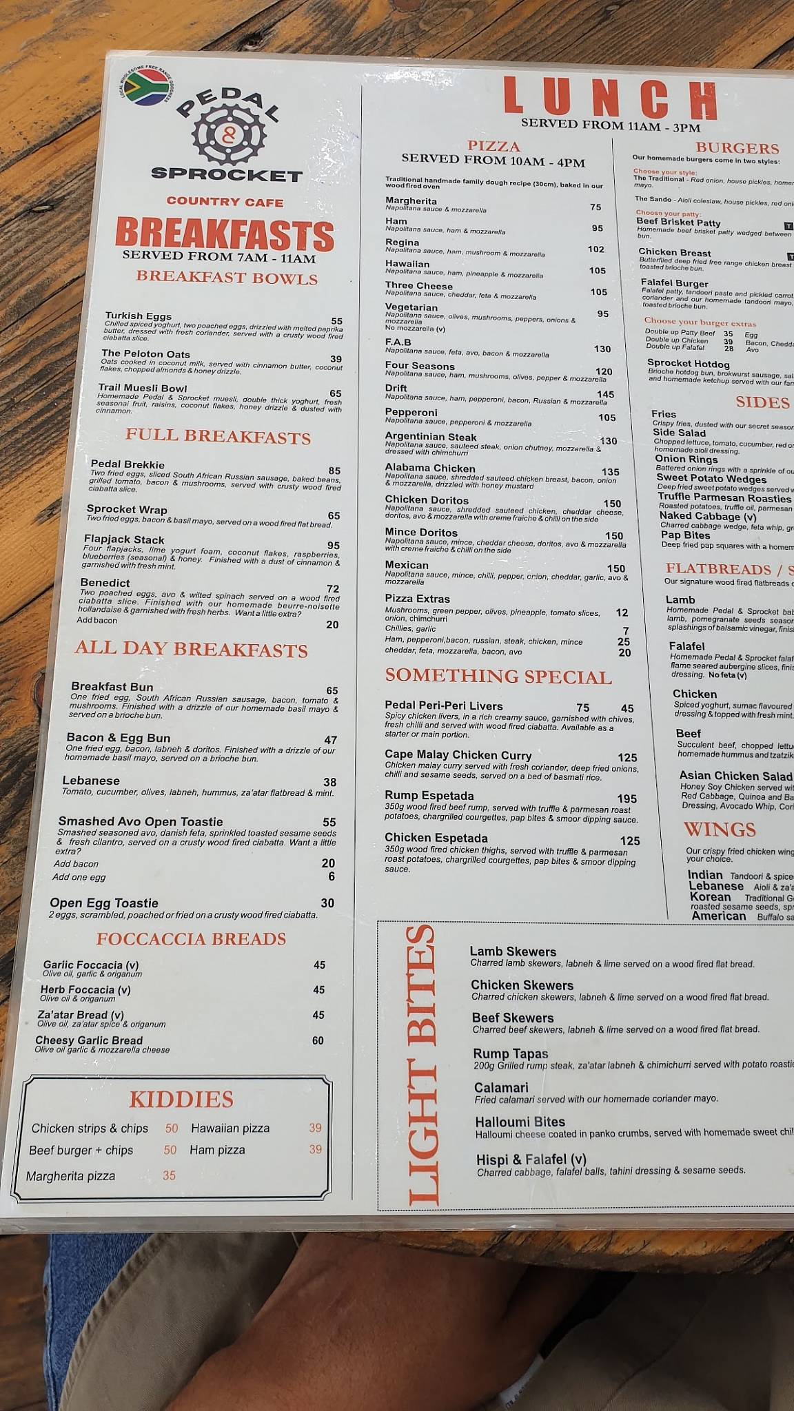 Carta del restaurante Pedal and Sprocket, Lanseria