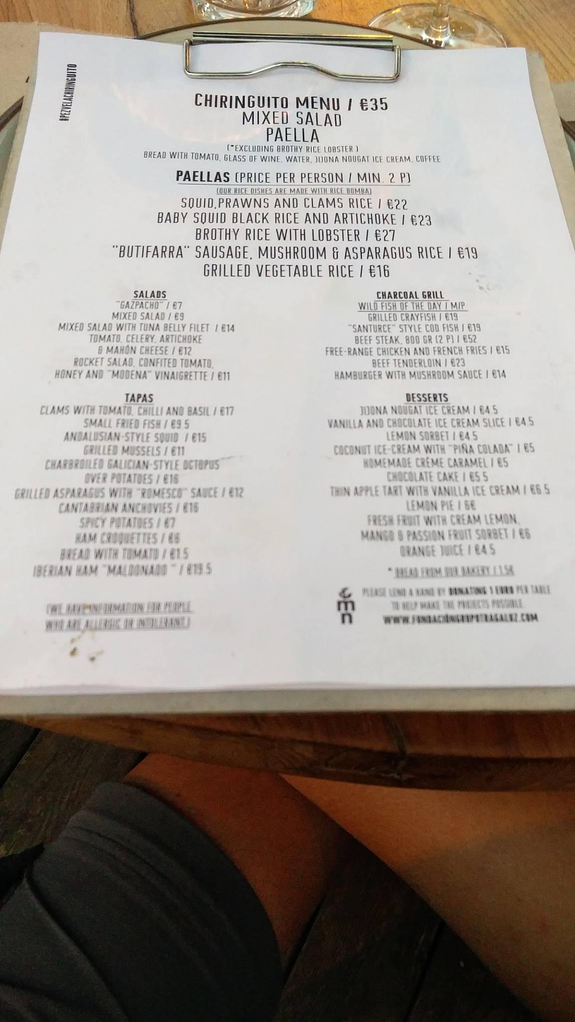 Menu at Peix Vela restaurant, Barcelona