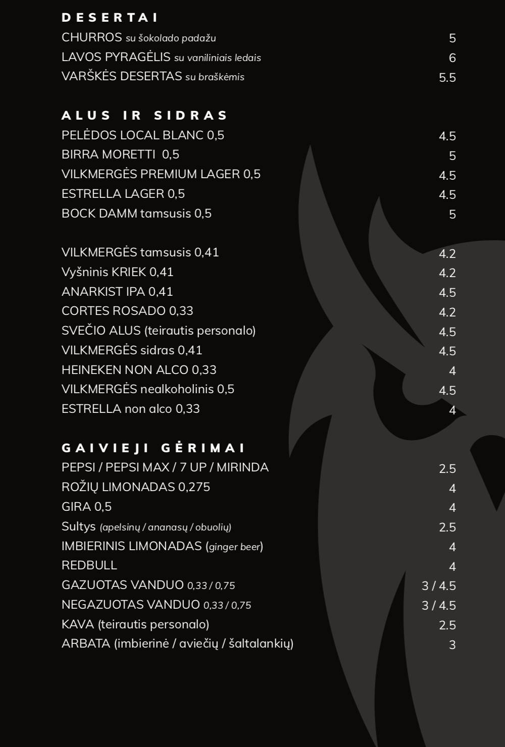Menu at Pelėdos beer & snacks bar, Vilnius