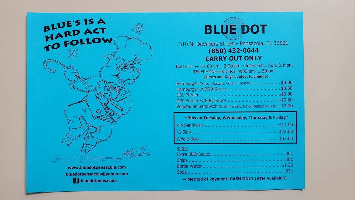 Menu at Blue Dot BBQ, Pensacola