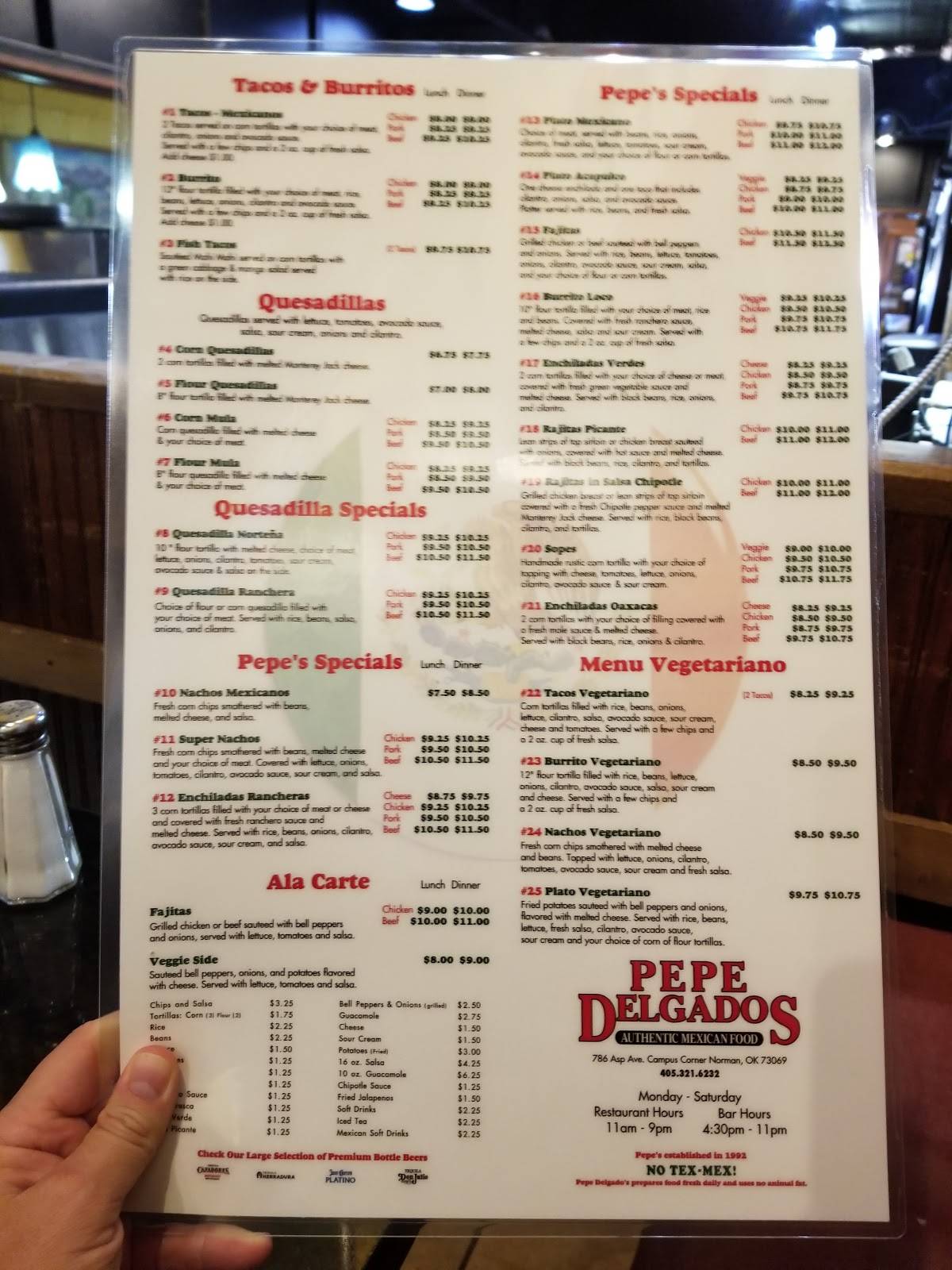 Menu at Pepe Delgados restaurant, Norman