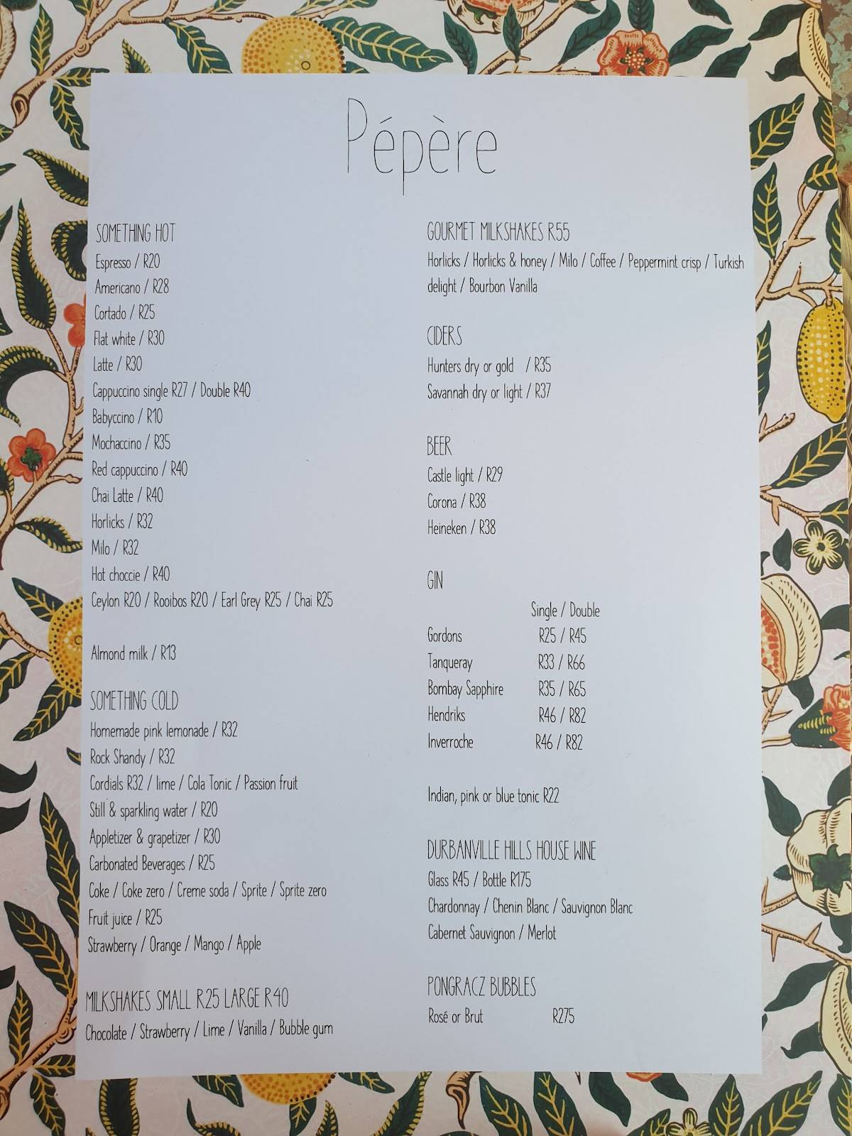 Menu at Pépère restaurant, Pietermaritzburg