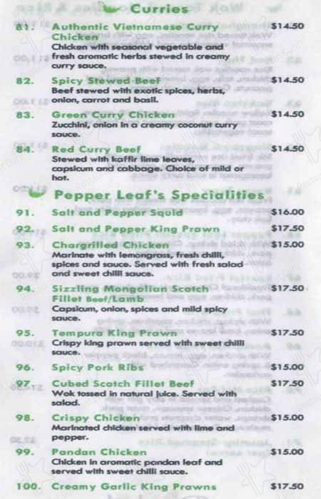 Menu at Pepper Leaf Innovative Asian Cuisine restaurant, Tea Tree Gully