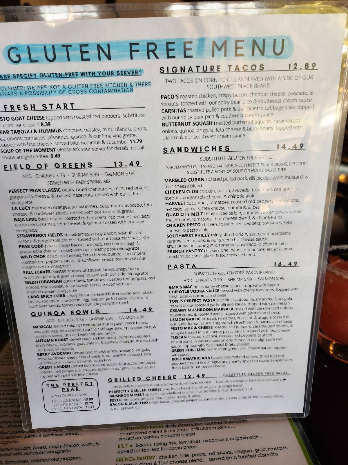 Menu at Perfect Pear Bistro restaurant, Tempe, S Priest Dr