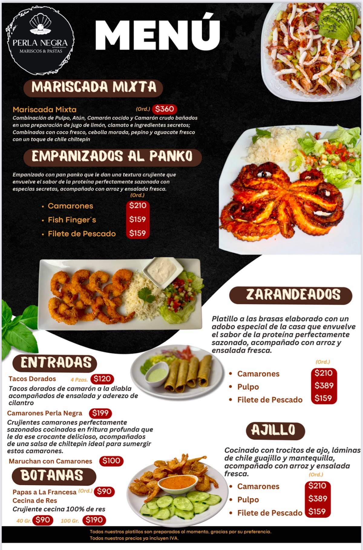 Menu at Perla Negra restaurant, Zapopan