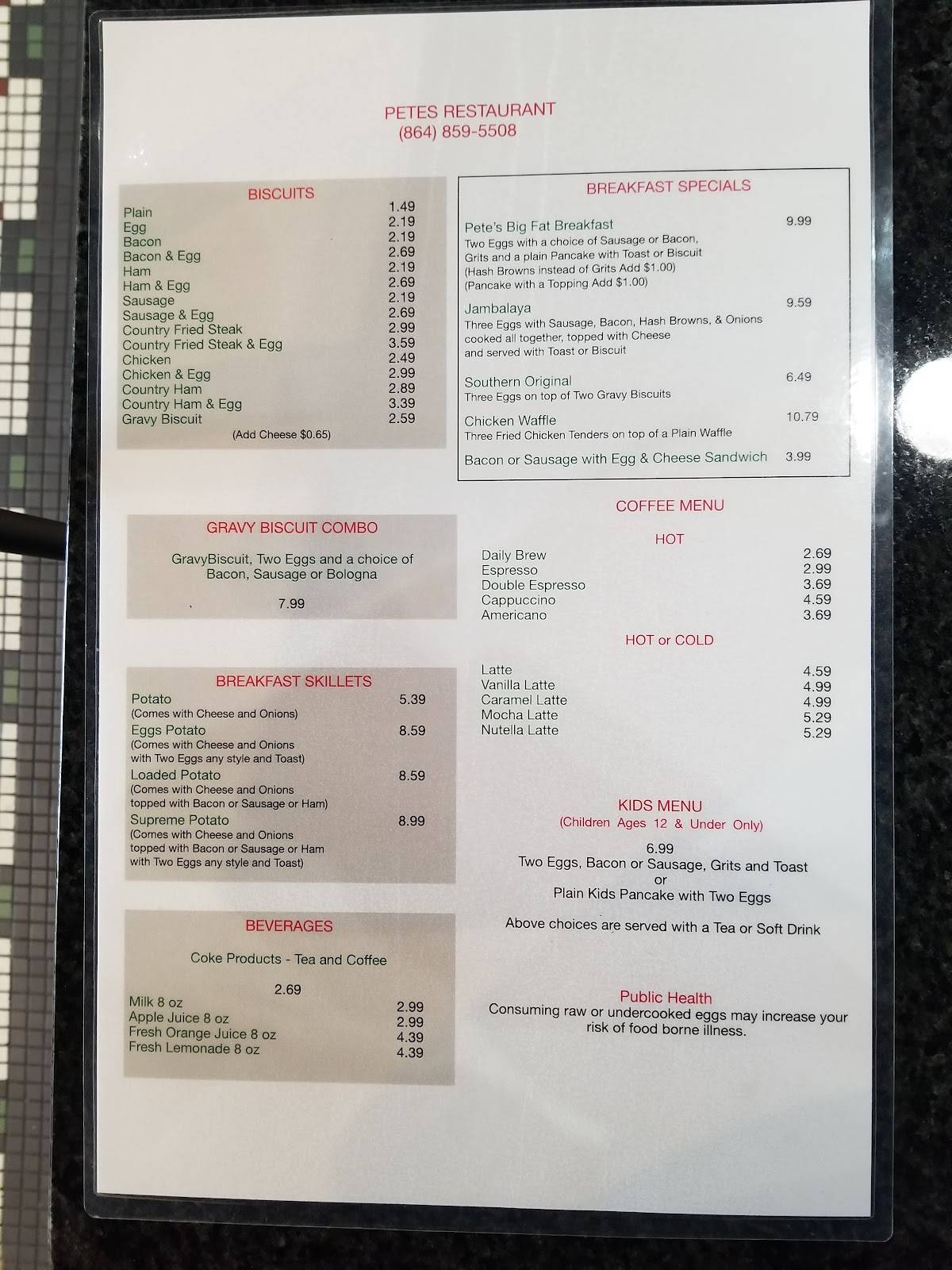 Menu at Pete's Drive In restaurant, Easley