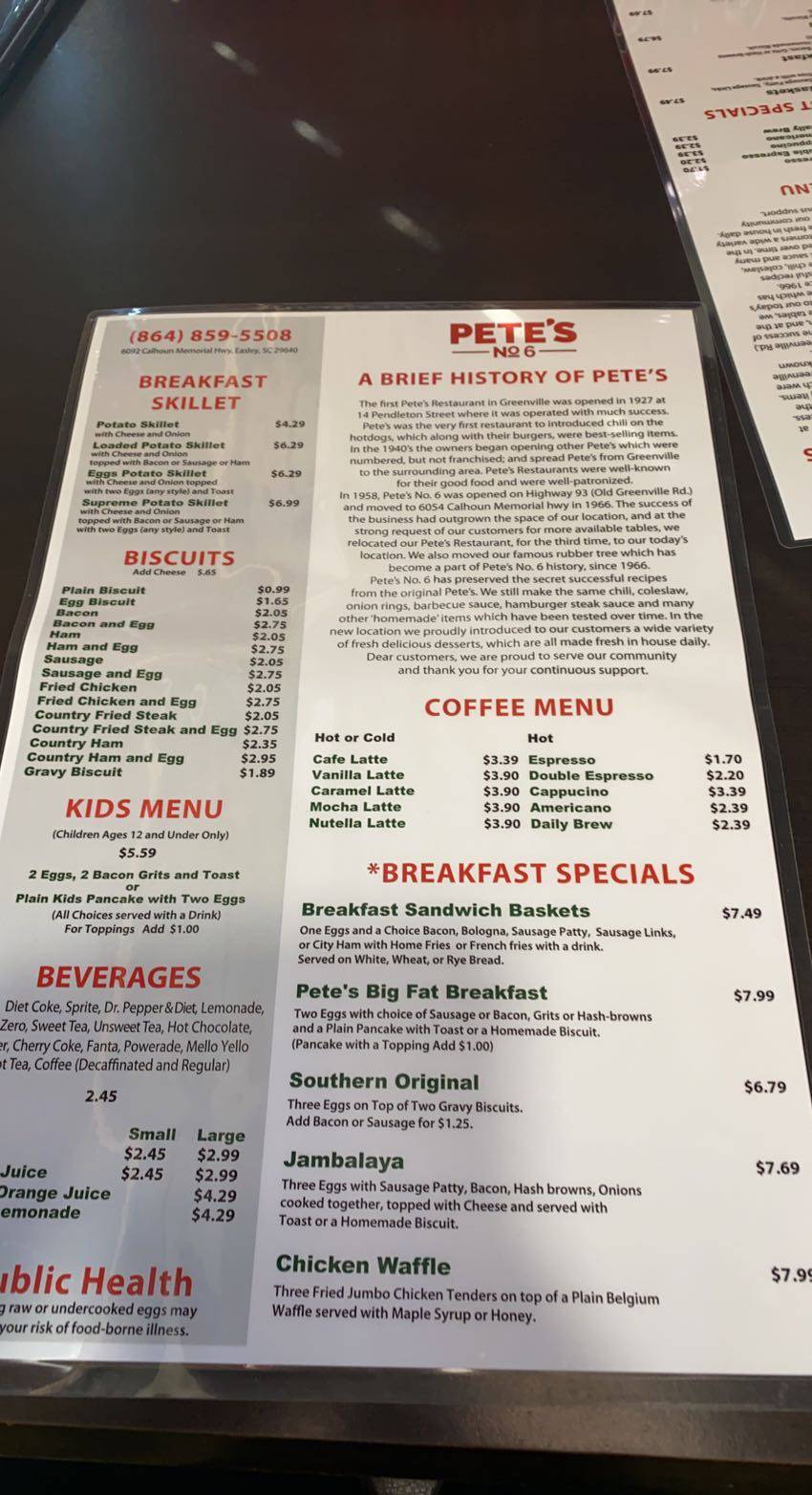 Menu at Pete's Drive In restaurant, Easley
