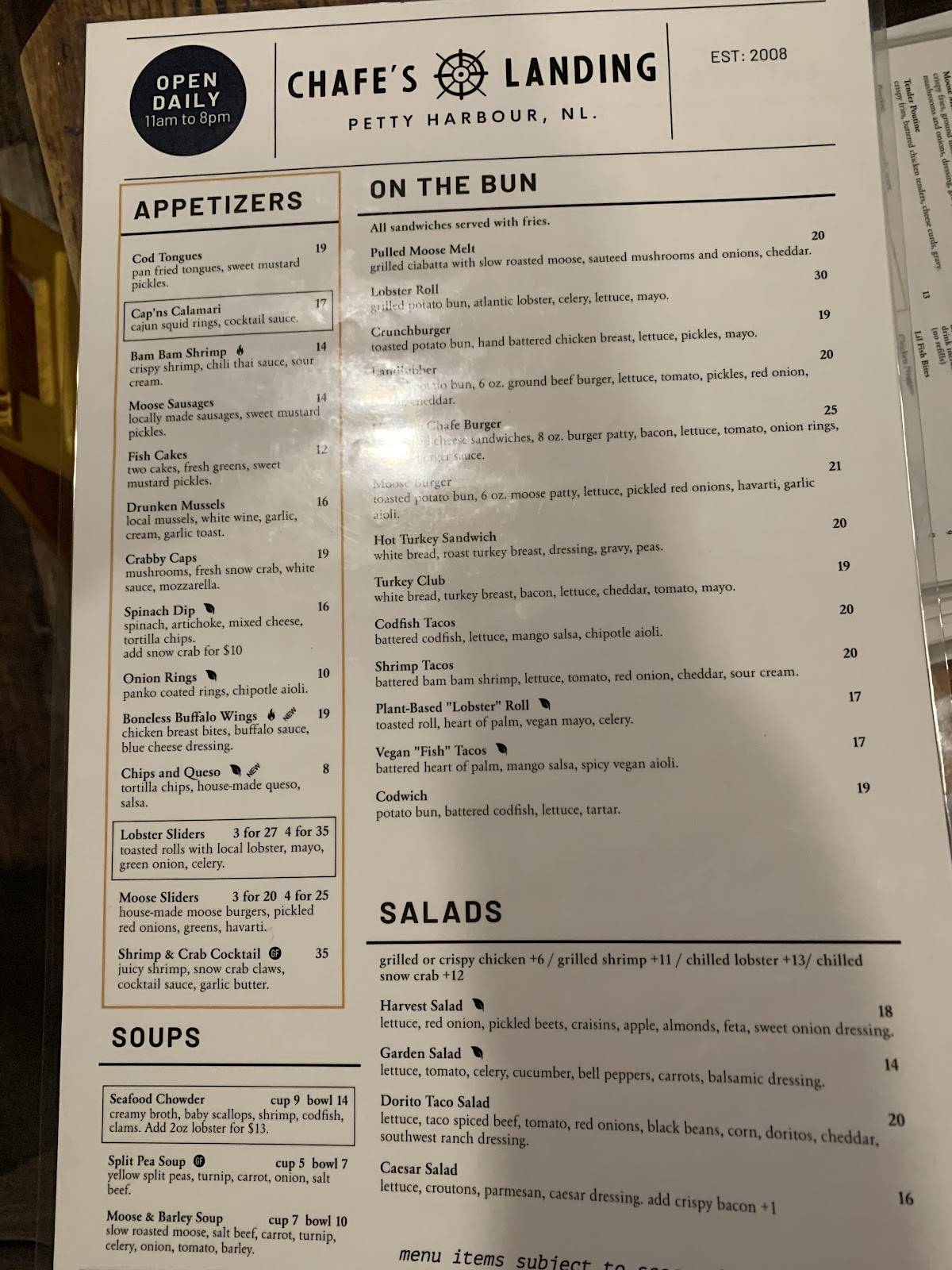 Menu at Chafe's Landing Restaurant, Petty Harbour-Maddox Cove