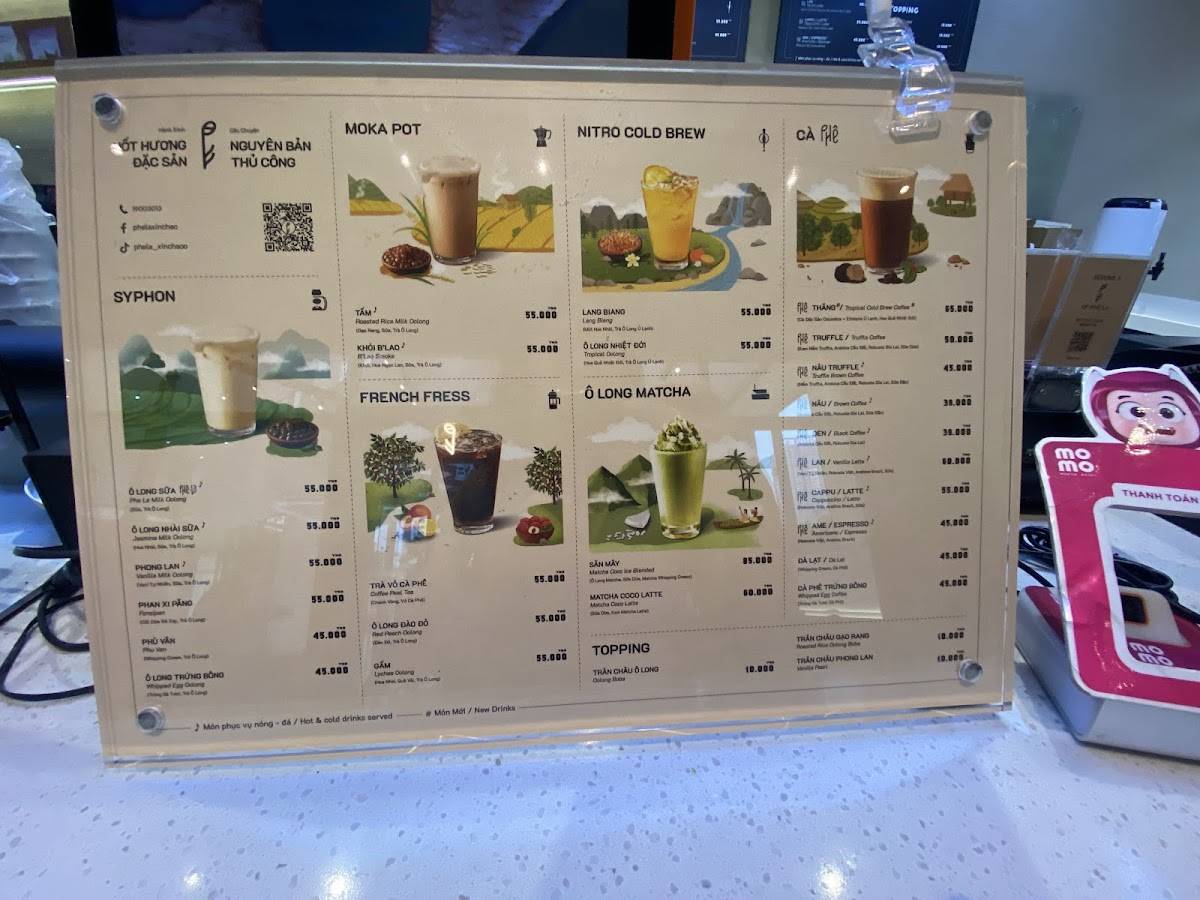 Menu at Phe La Coffee cafe, Hanoi, Stellar Garden