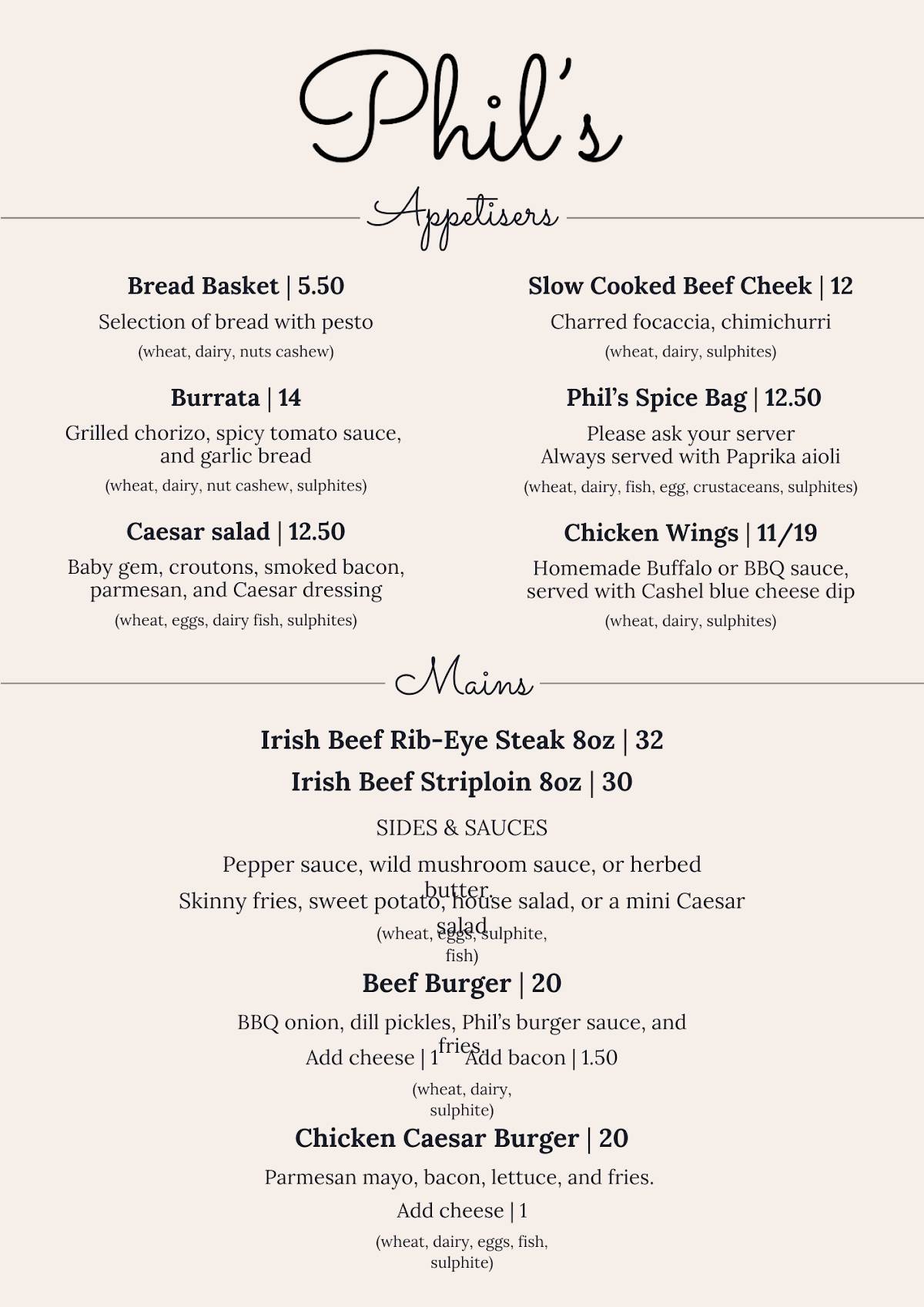 Menu at Phil Healy's Pub, Wicklow, Fitzwilliam Square