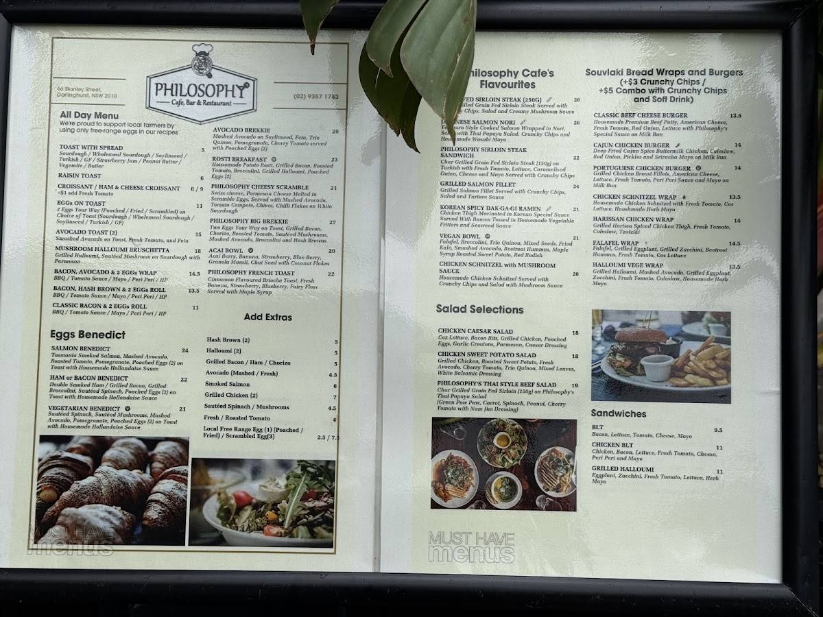 Menu at Philosophy Cafe, Darlinghurst