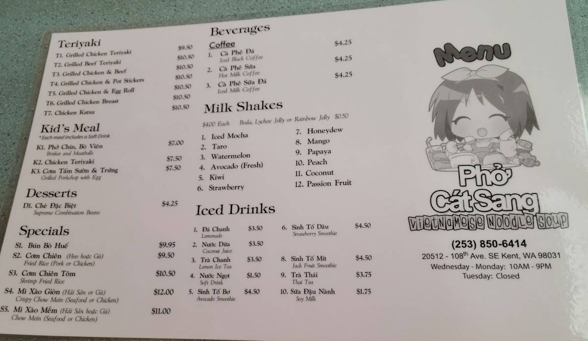 Menu at Pho Cat Sang restaurant, Kent