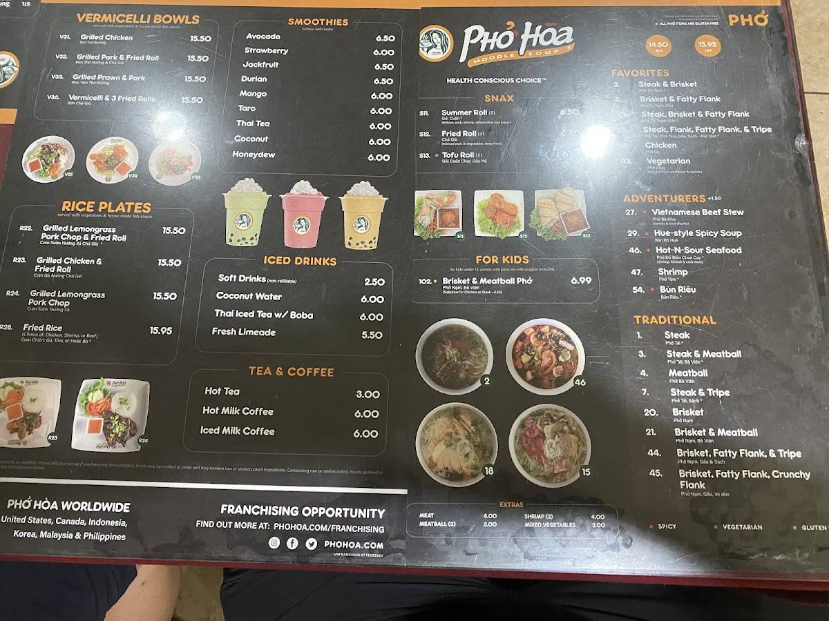 Menu at Phở Hoà restaurant, Charlotte