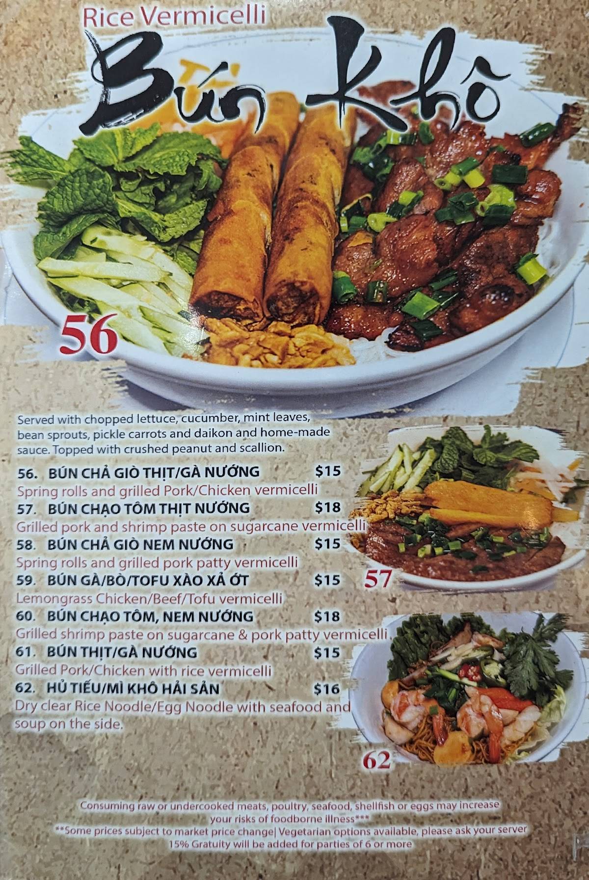 Menu at Phở Quê Hương restaurant, Honolulu, Maunakea St