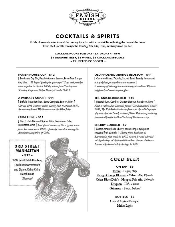 Menu at The Farish House restaurant, Phoenix