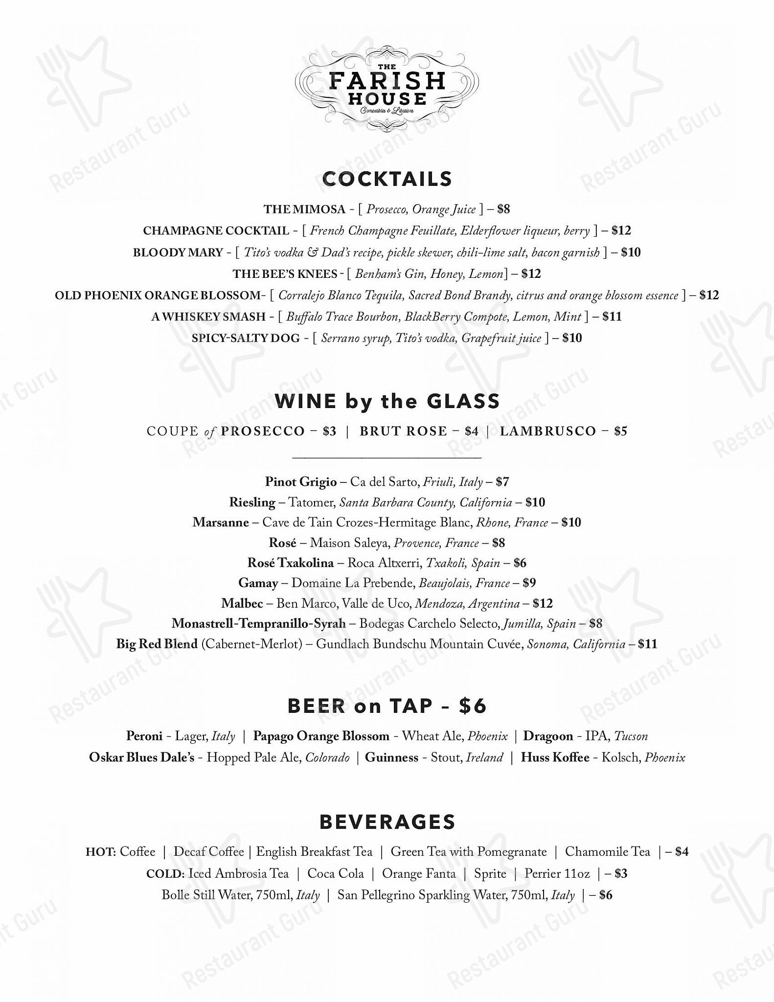 Menu at The Farish House restaurant, Phoenix
