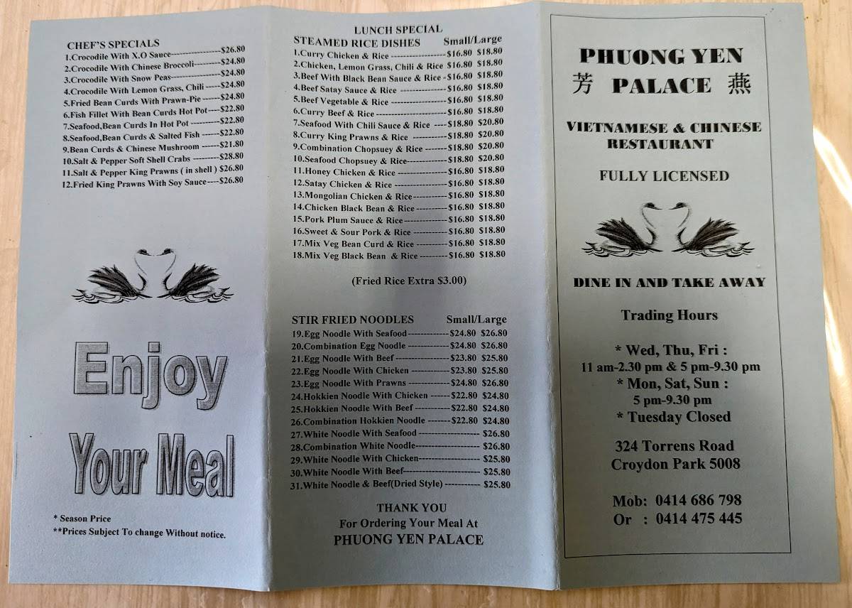 Menu at Phuong Yen Restaurant, Croydon Park