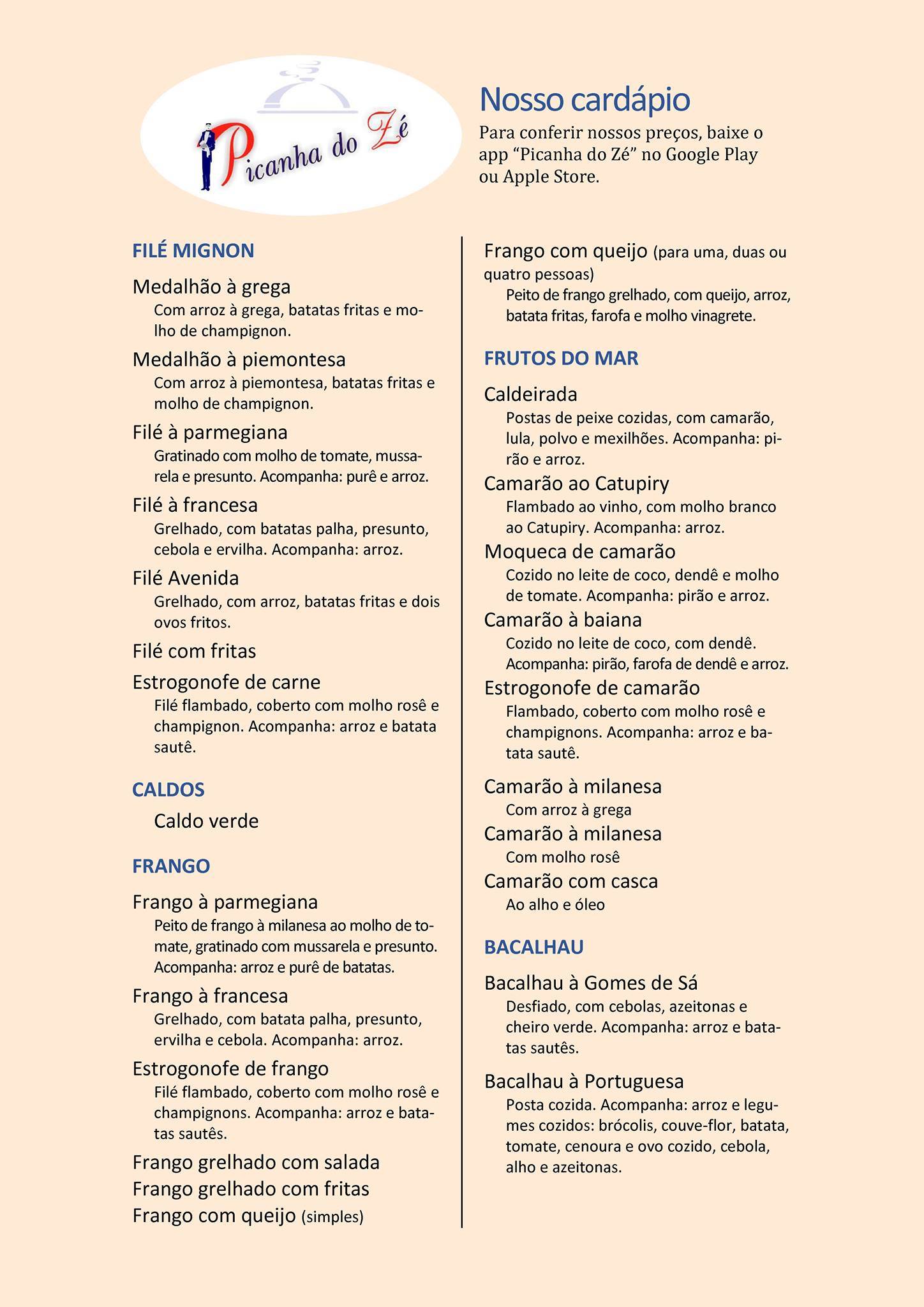 Carta del restaurante Picanha do Zé, Macaé, Av. Atlântica